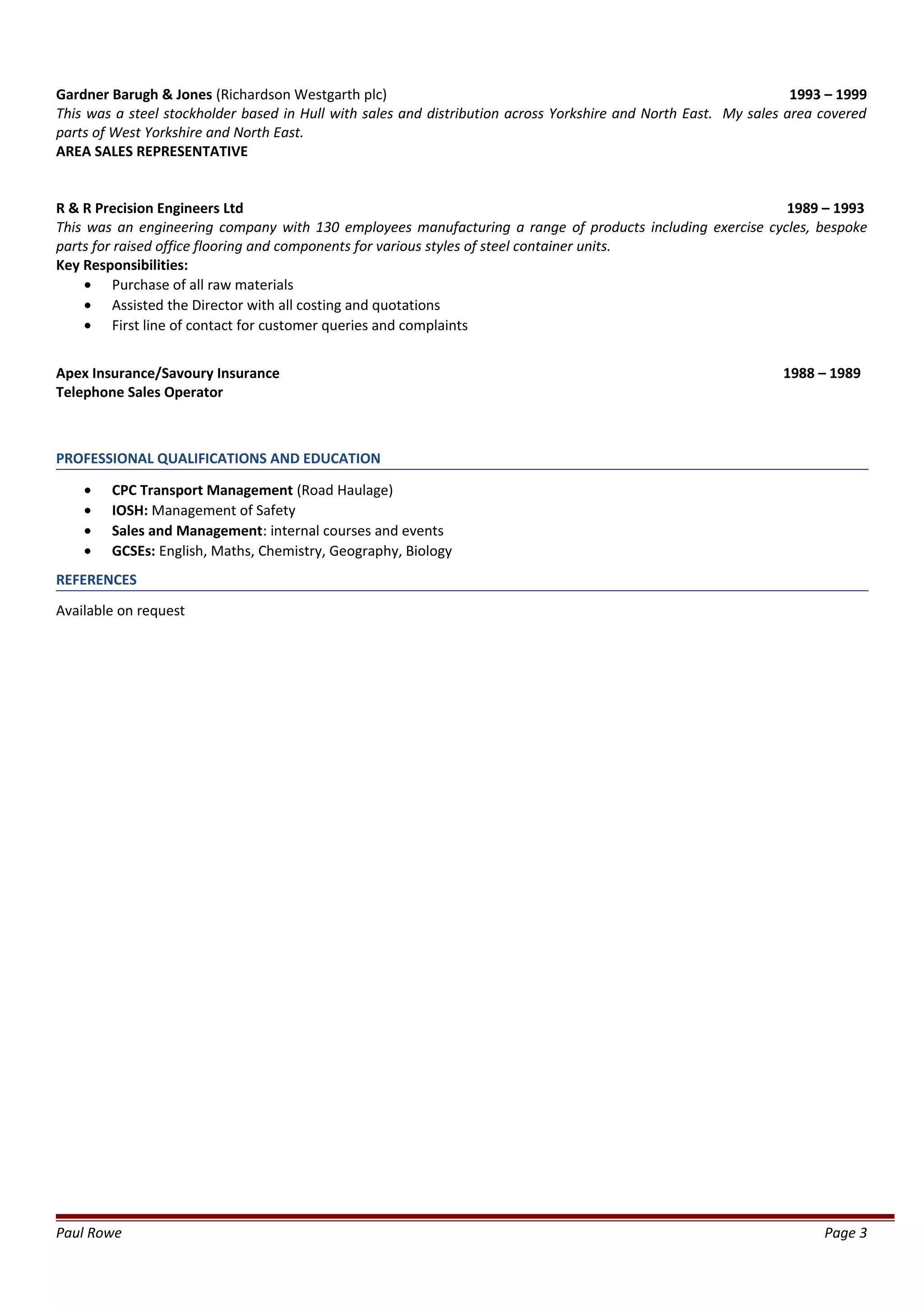 Paul Rowe CV2016 | DOC | Logistics and Transportation Industry | Industries