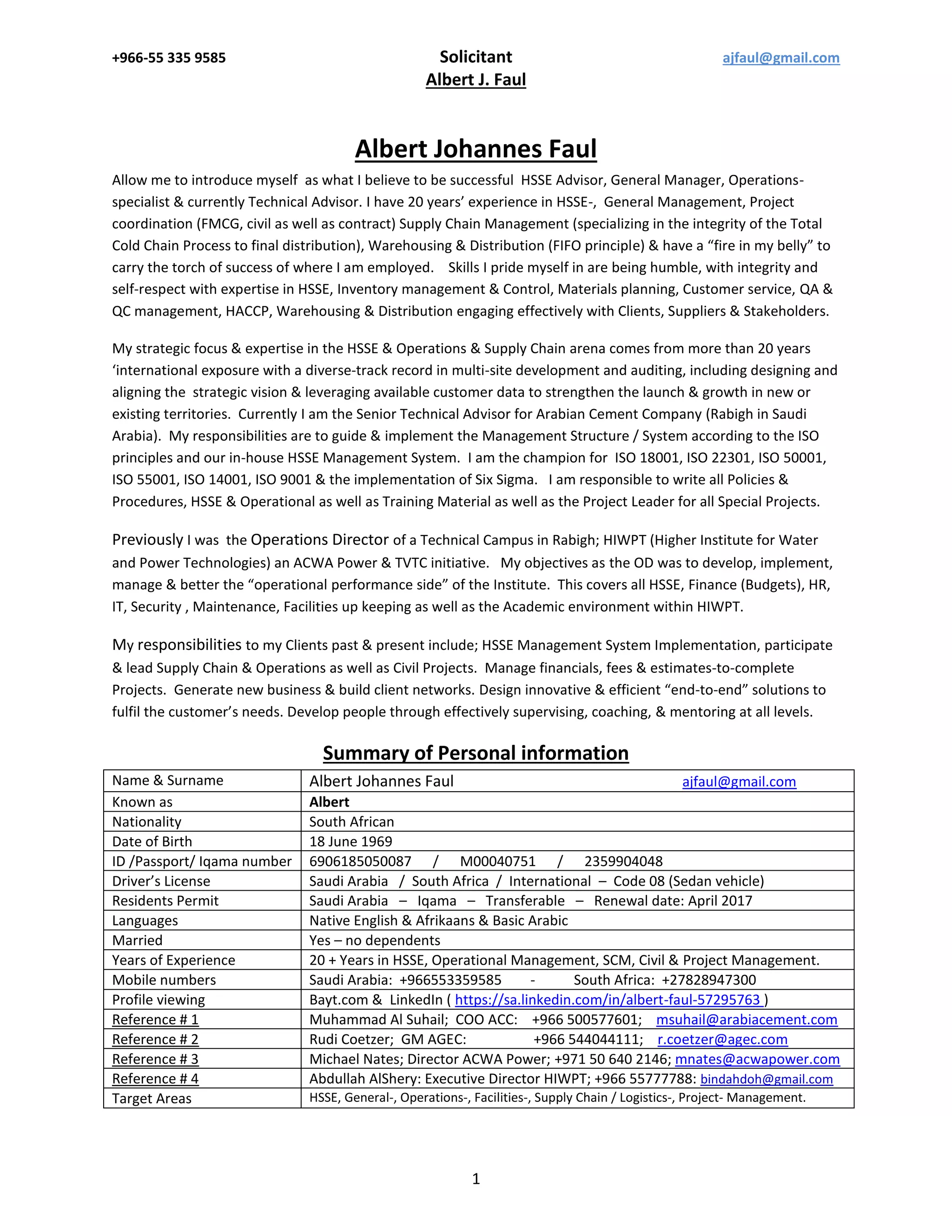 Solicitant Albert J Faul Comprehensive Curriculum Vitae November 2016.docx. | PDF