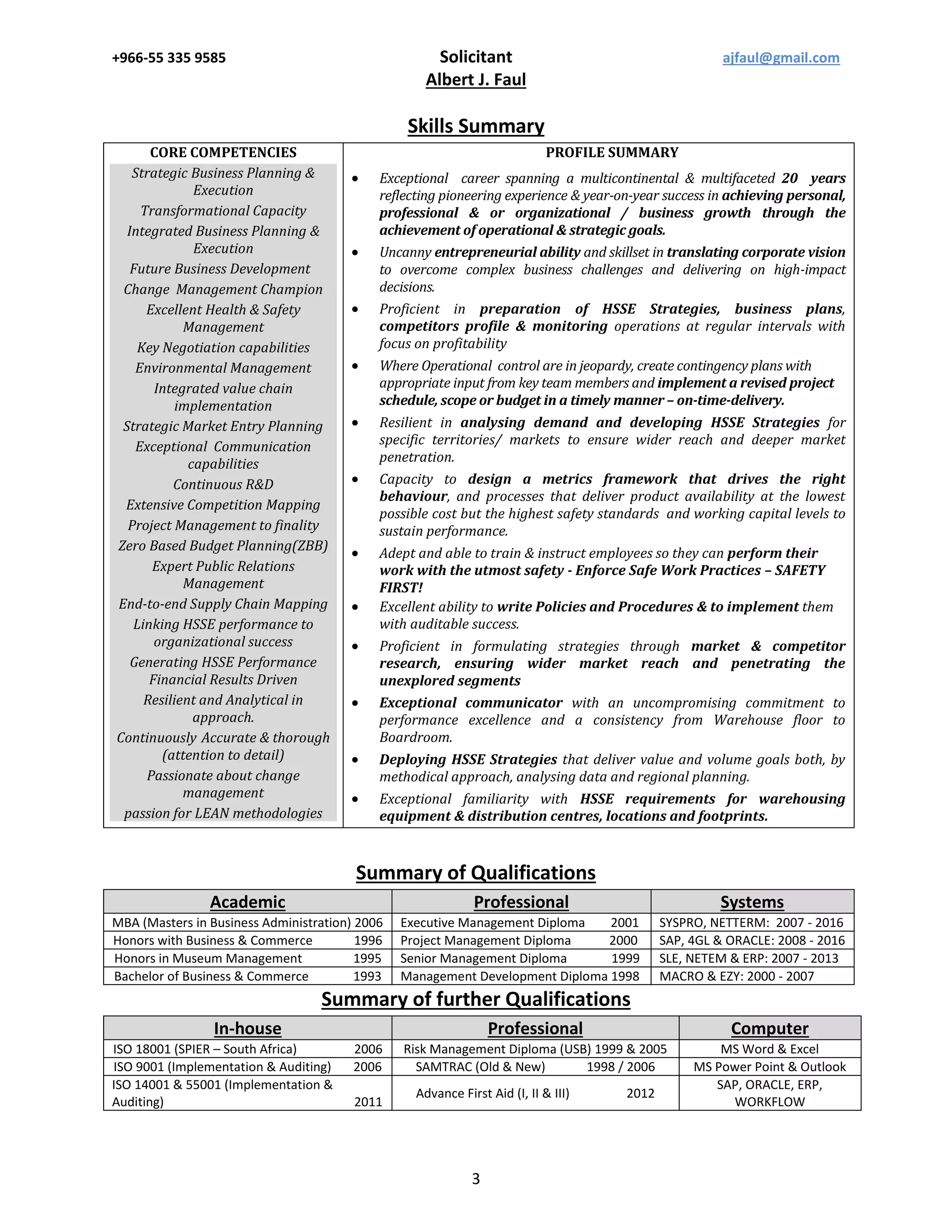 Solicitant Albert J Faul Comprehensive Curriculum Vitae November 2016 ...