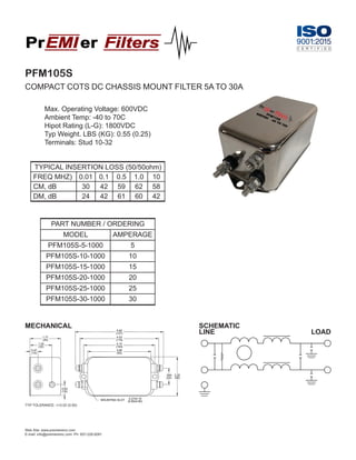 DC Power Line Filters : PFM105S 600VDC / 5A TO 30A / 10-32 STUDS | PDF