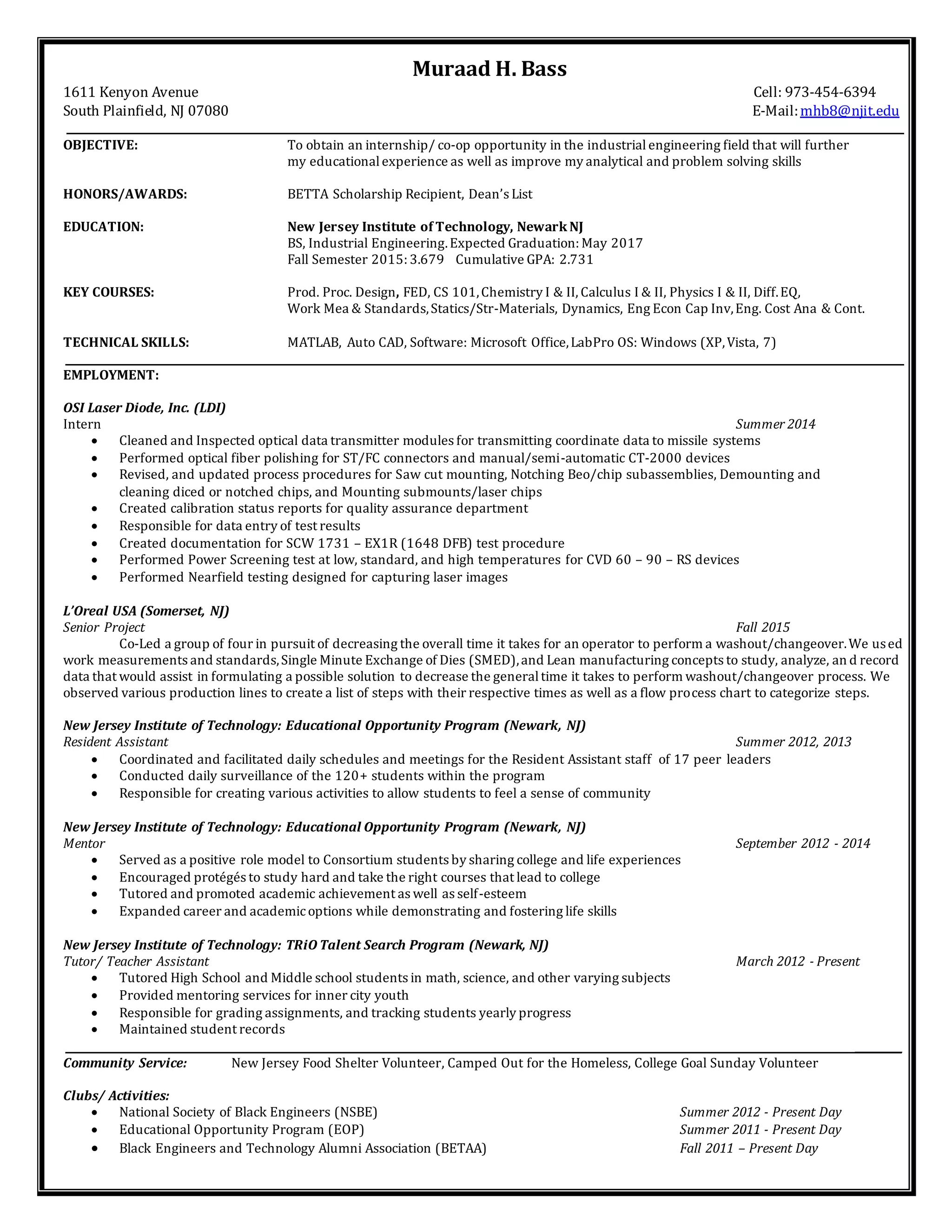 (Most Recent) Muraad H Bass Resume | DOCX
