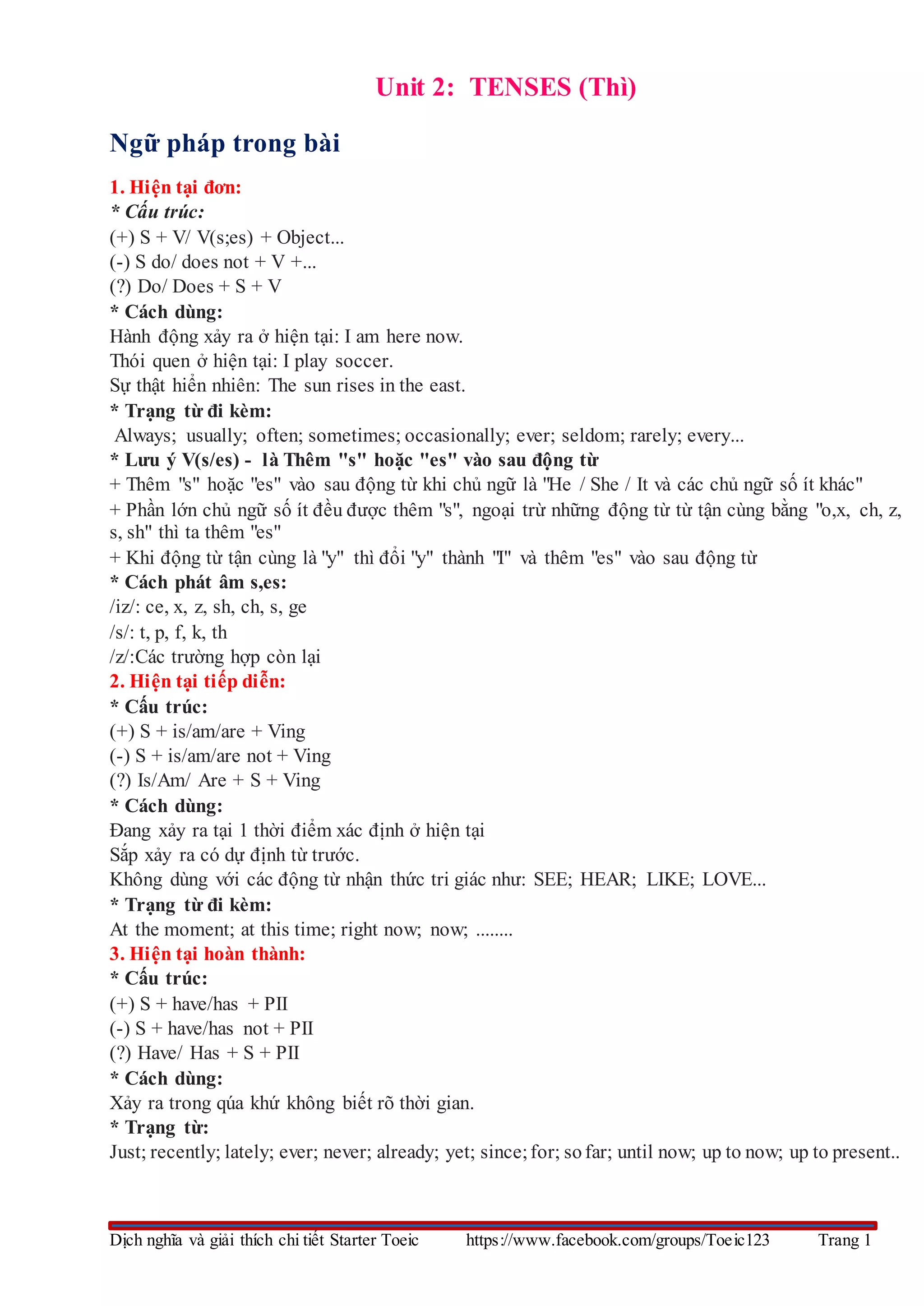 Dịch nghĩa và giải thích chi tiết starter toeic unit 2 | DOCX