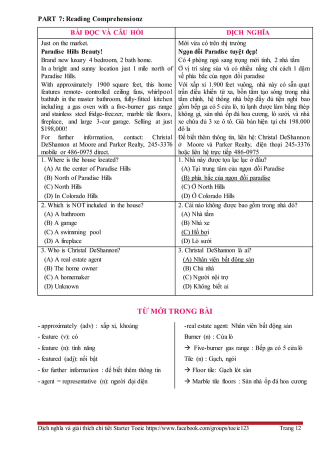 Dịch nghĩa và giải thích chi tiết starter toeic unit 3 | DOCX