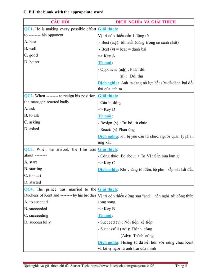 Dịch nghĩa và giải thích chi tiết starter toeic unit 3 | DOCX