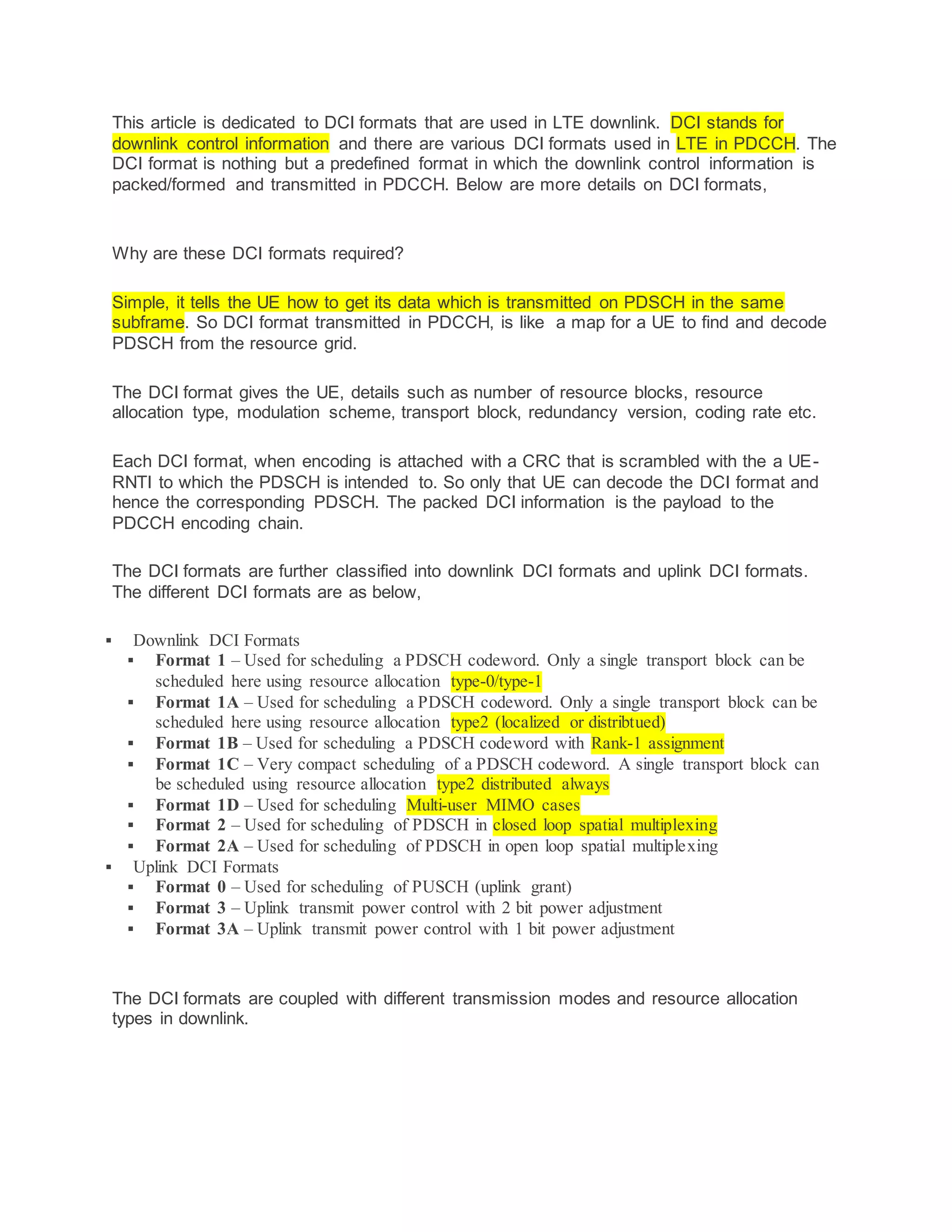 Dci dl control info definition lte | DOCX