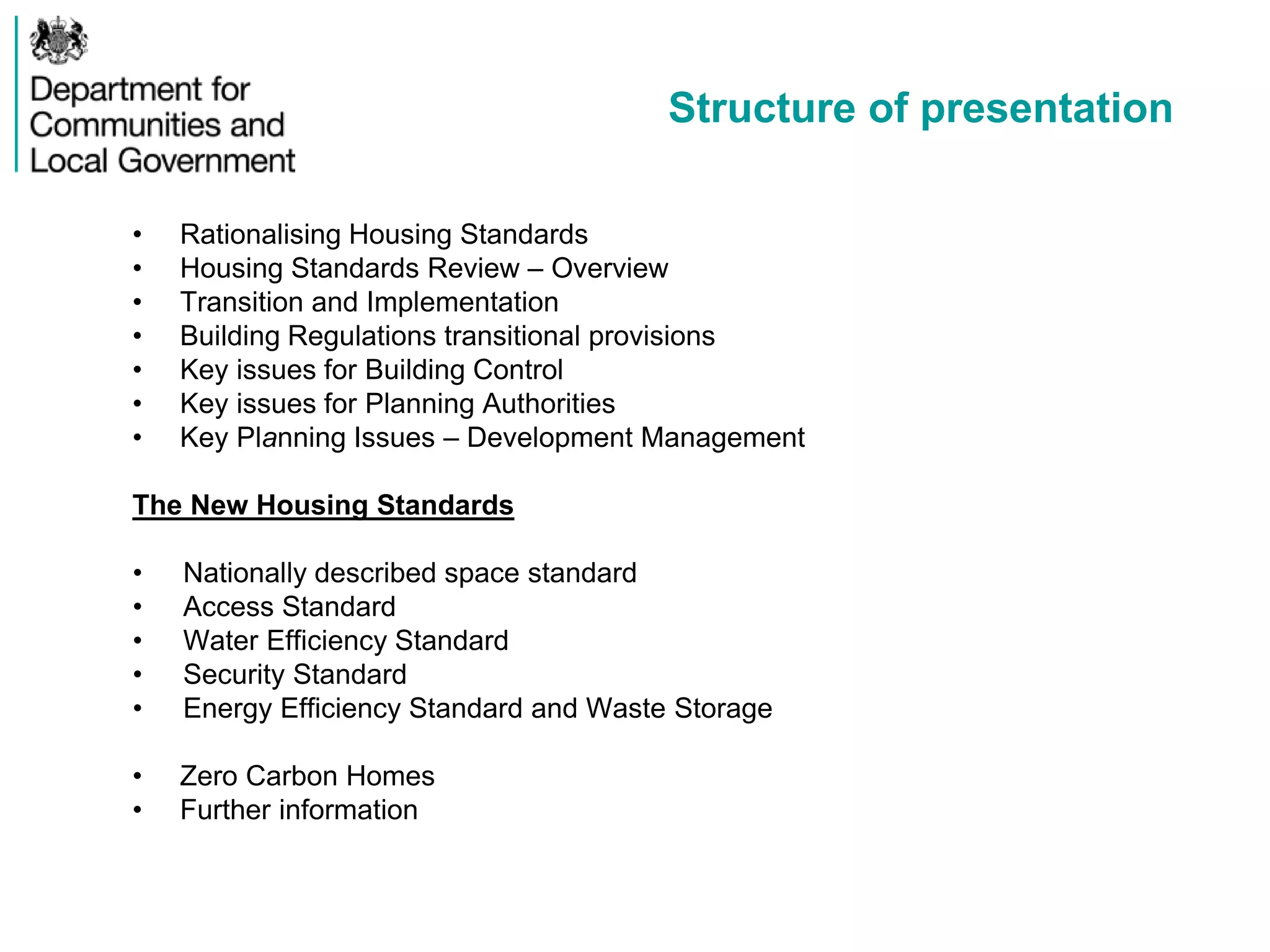 Housing Standards Review: DCLG Presentation | PPTX