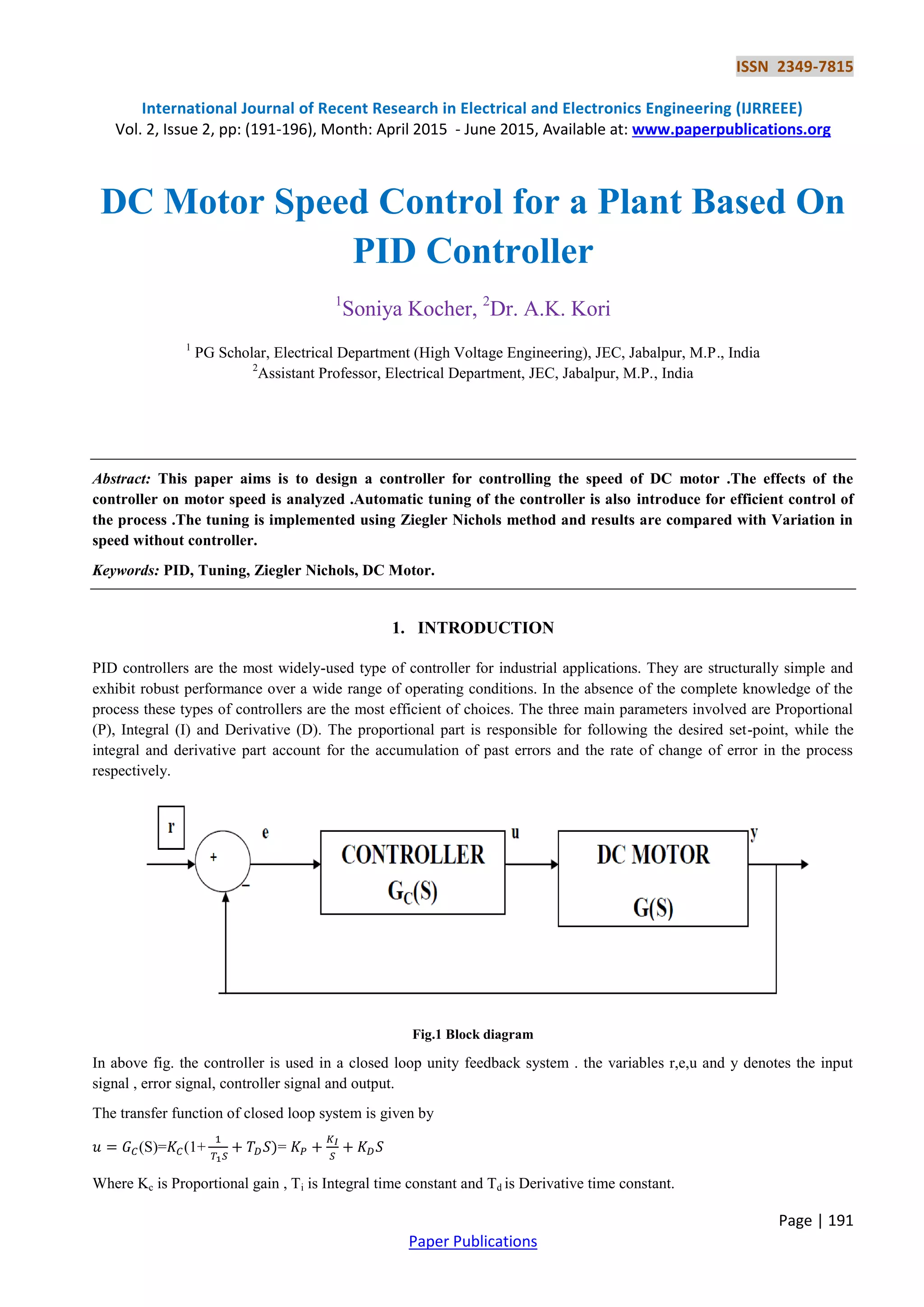 DC Motor Speed Control for a Plant Based On PID Controller | PDF