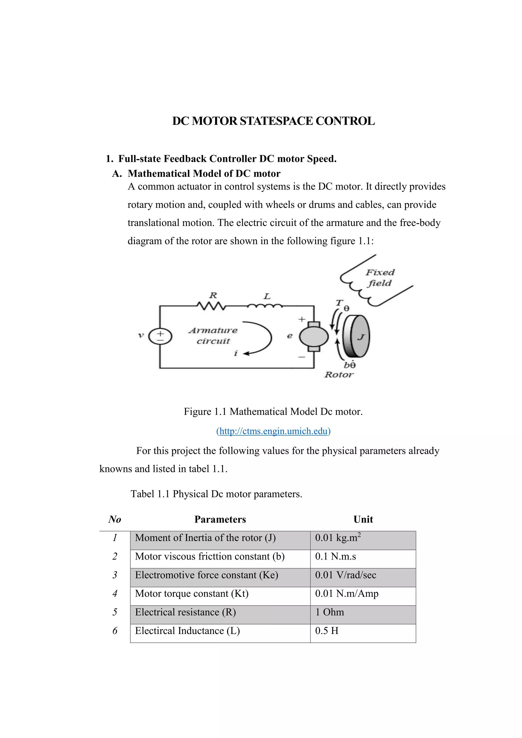 DC Motor Modelling & Design Fullstate Feedback Controller | PDF