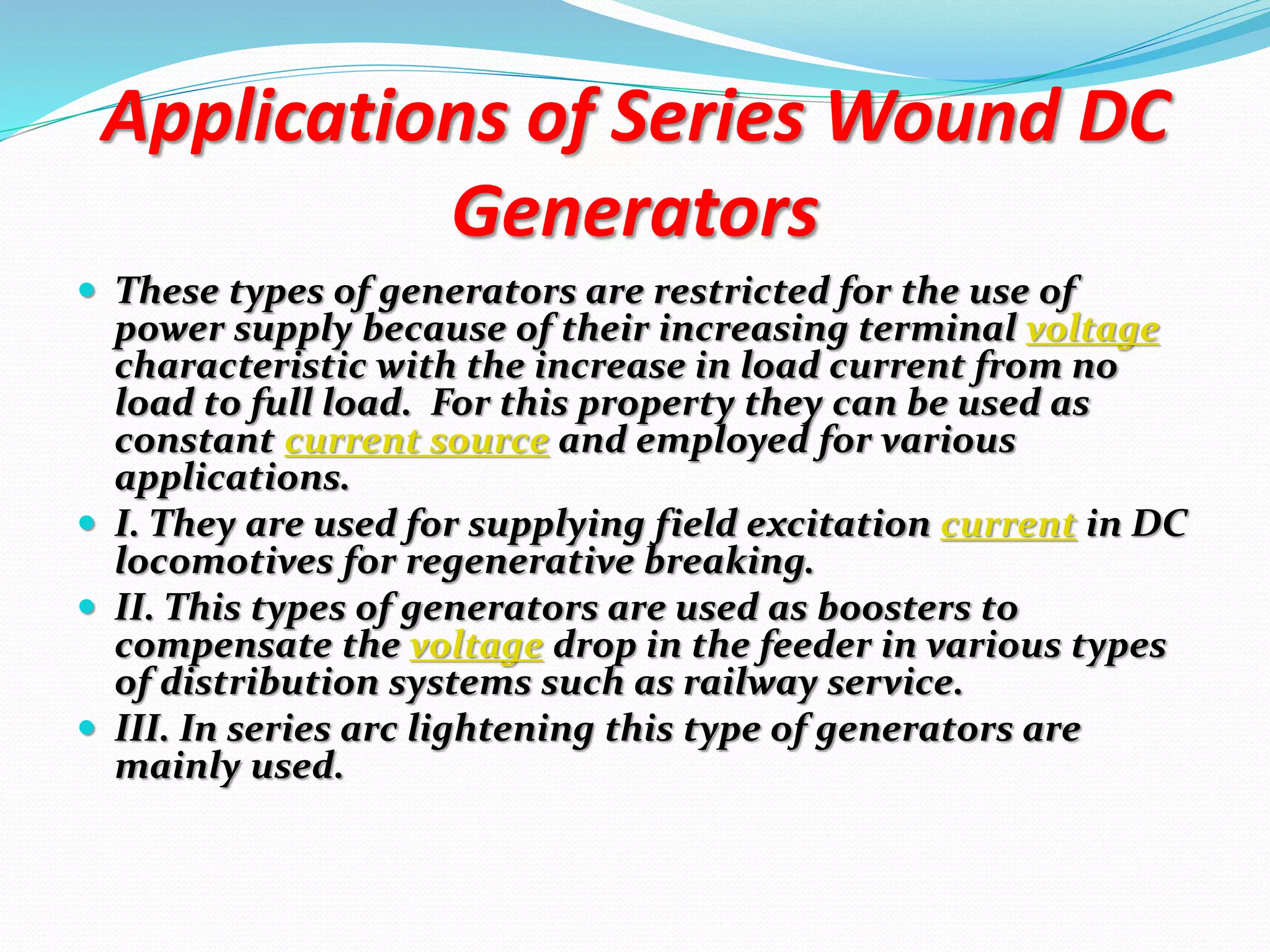 Application of different types of dc generator and dc motor | PPTX