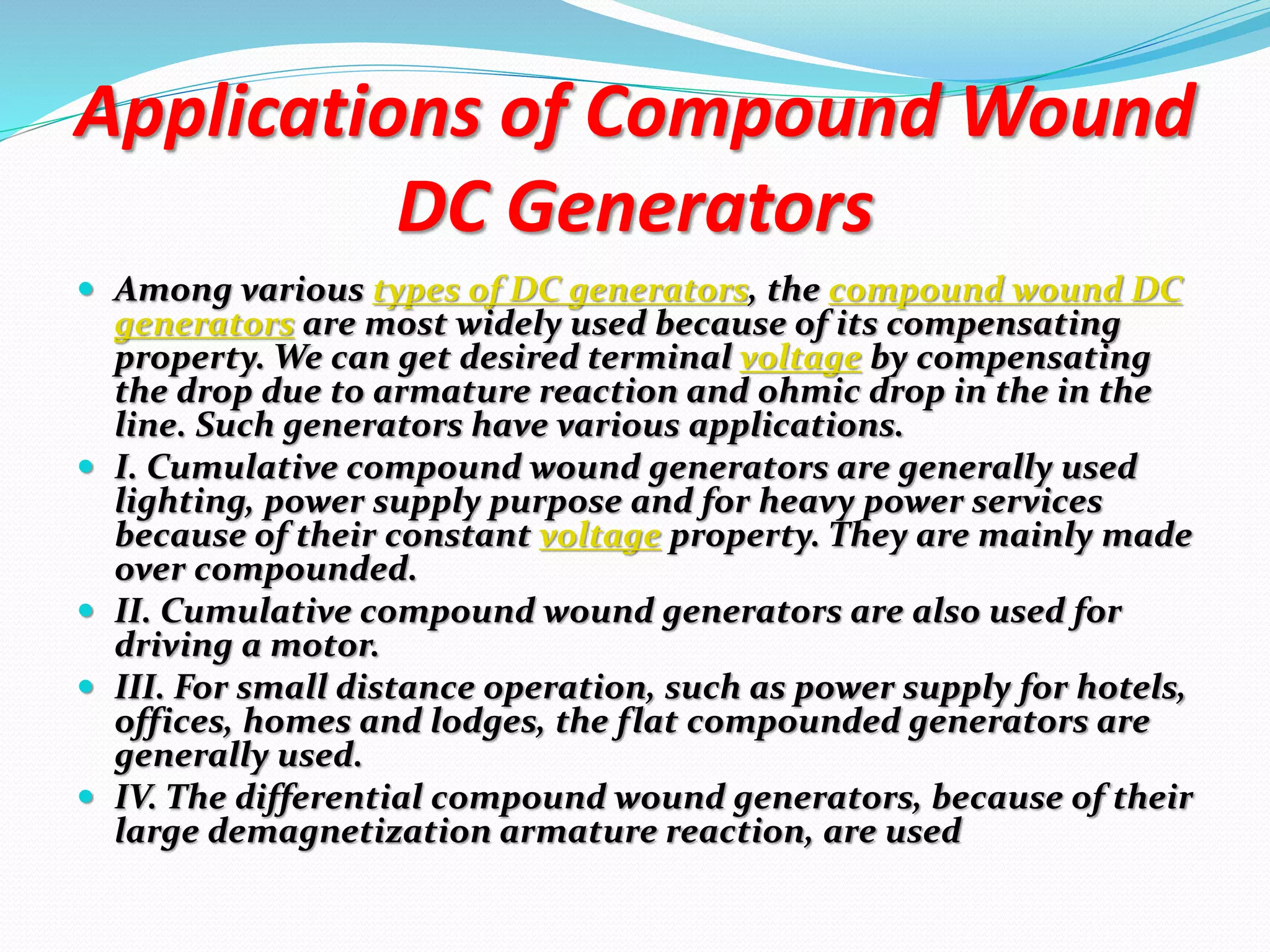 Application of different types of dc generator and dc motor | PPTX