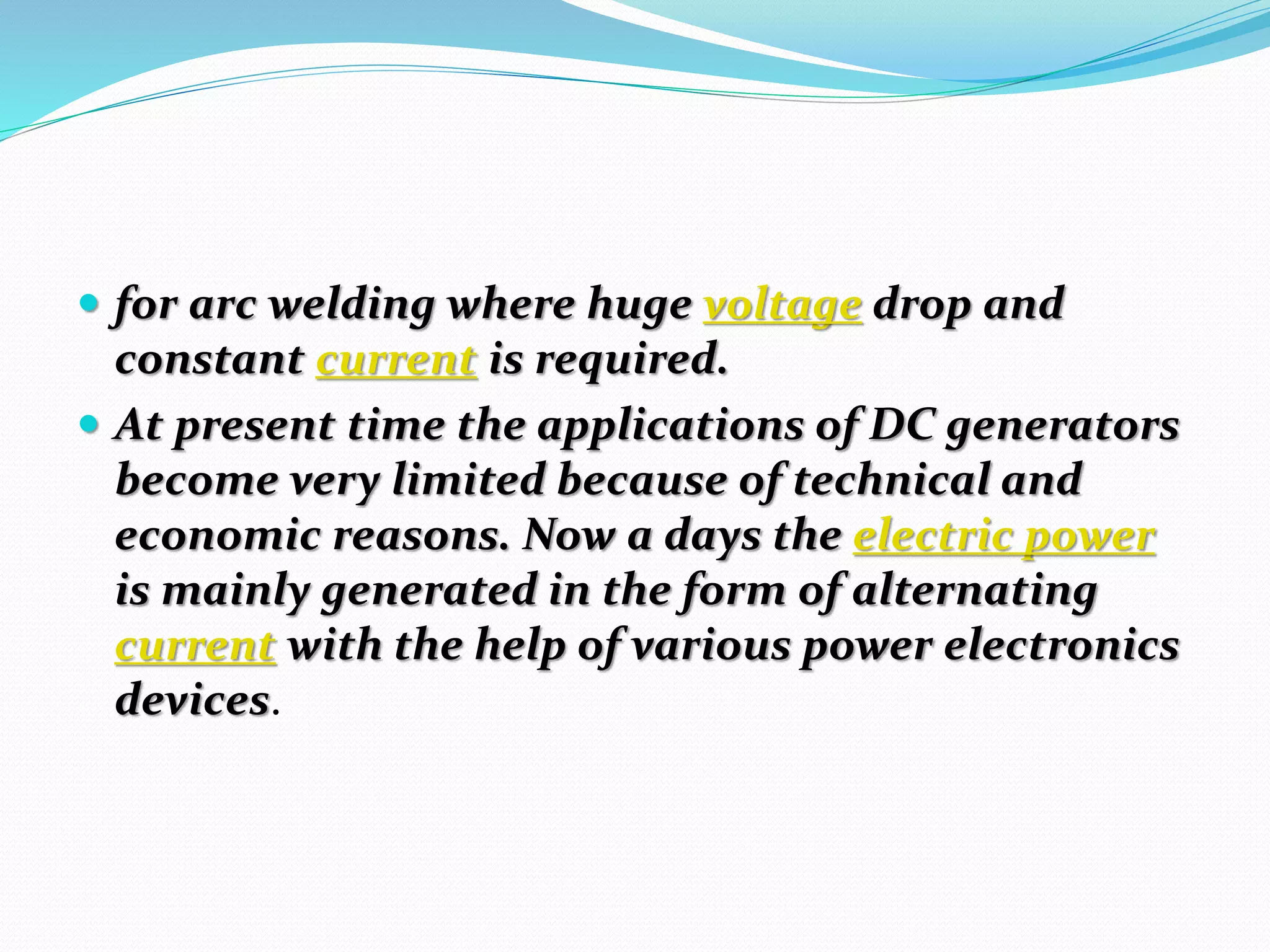 Application of different types of dc generator and dc motor | PPTX