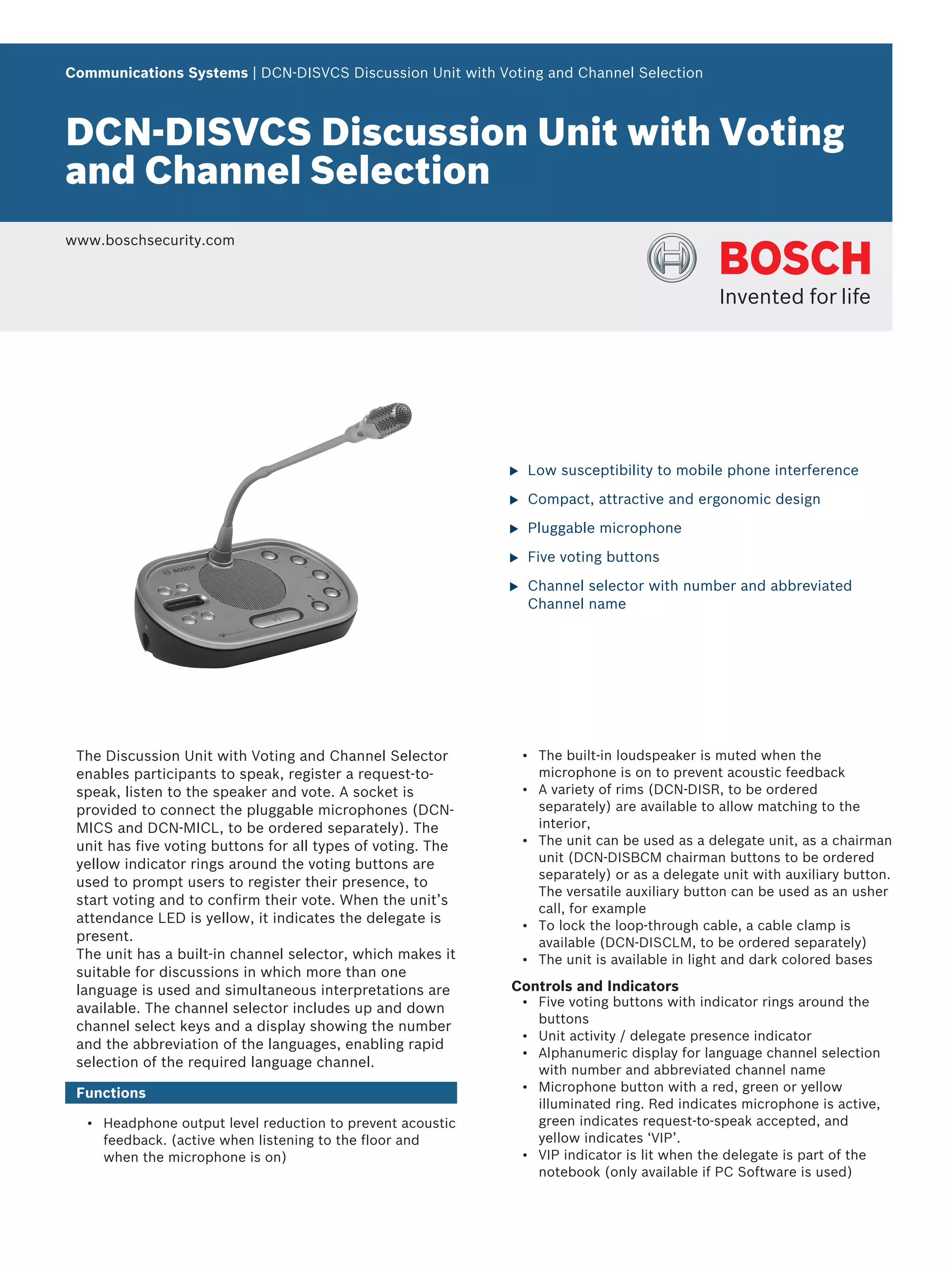Bosch DCN-DISVCS-L : Thông số kĩ thuật | PDF