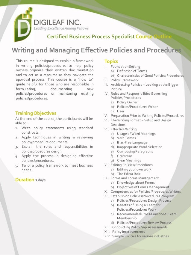 Writing and Managing Effective Policies and Procedures