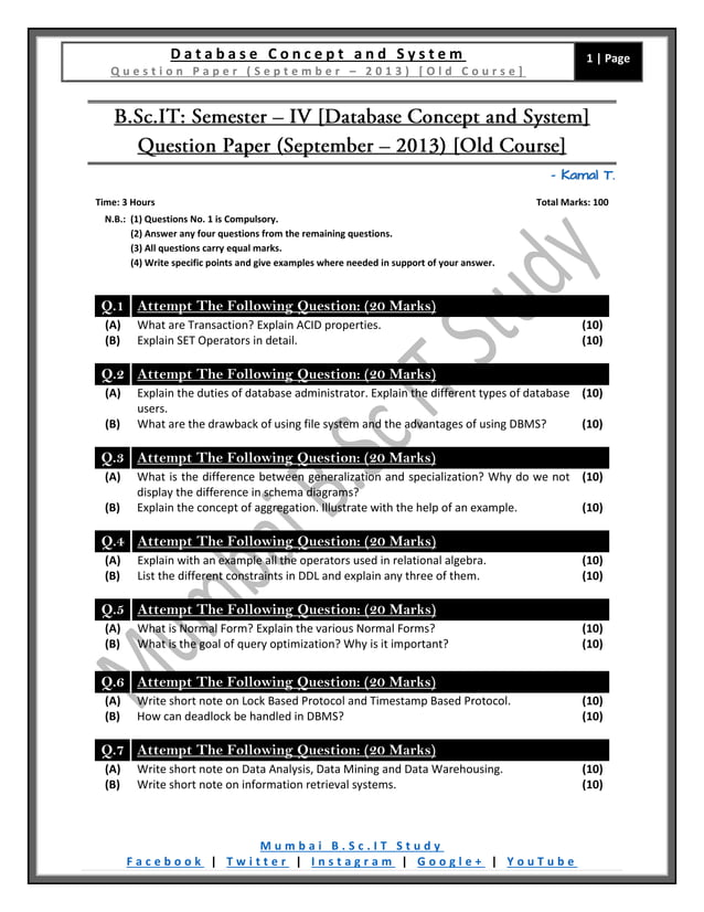 [Question Paper] Database Concept and System (Old Course) [September ...