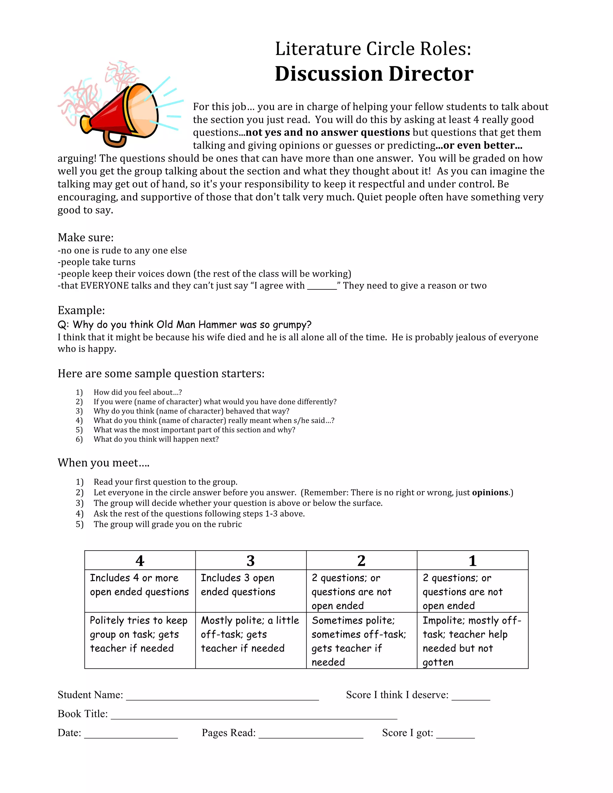 Discussion Director Sheet | PDF