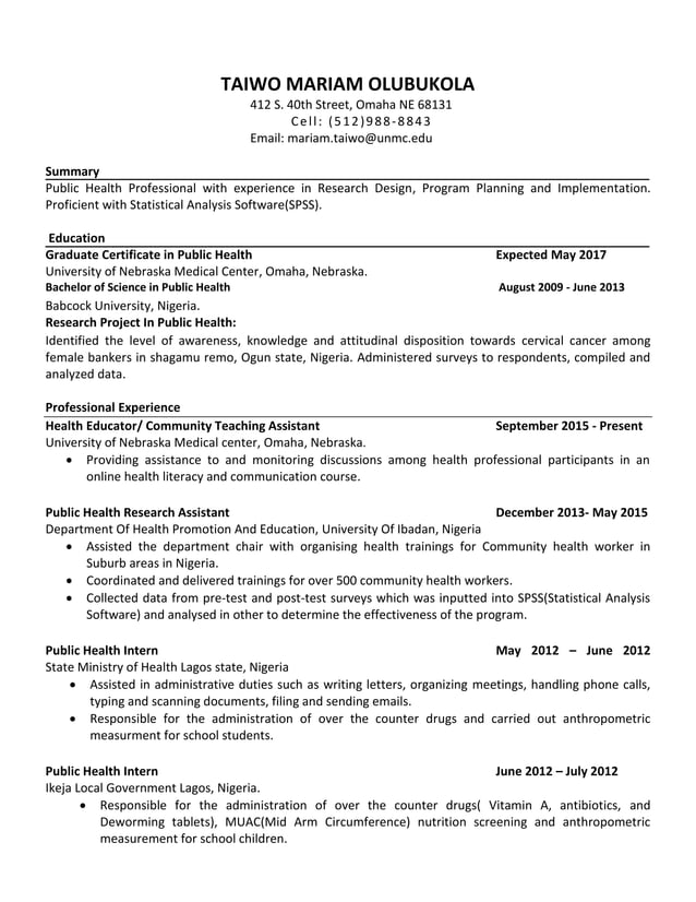 TAIWO MARIAM OLUBUKOLA.docx Resume | PDF