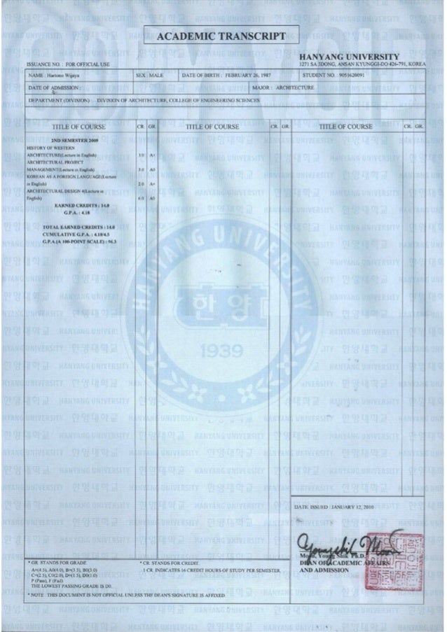 Student Exchange Transcript from Hanyang University, Ansan, SOUTH KOREA