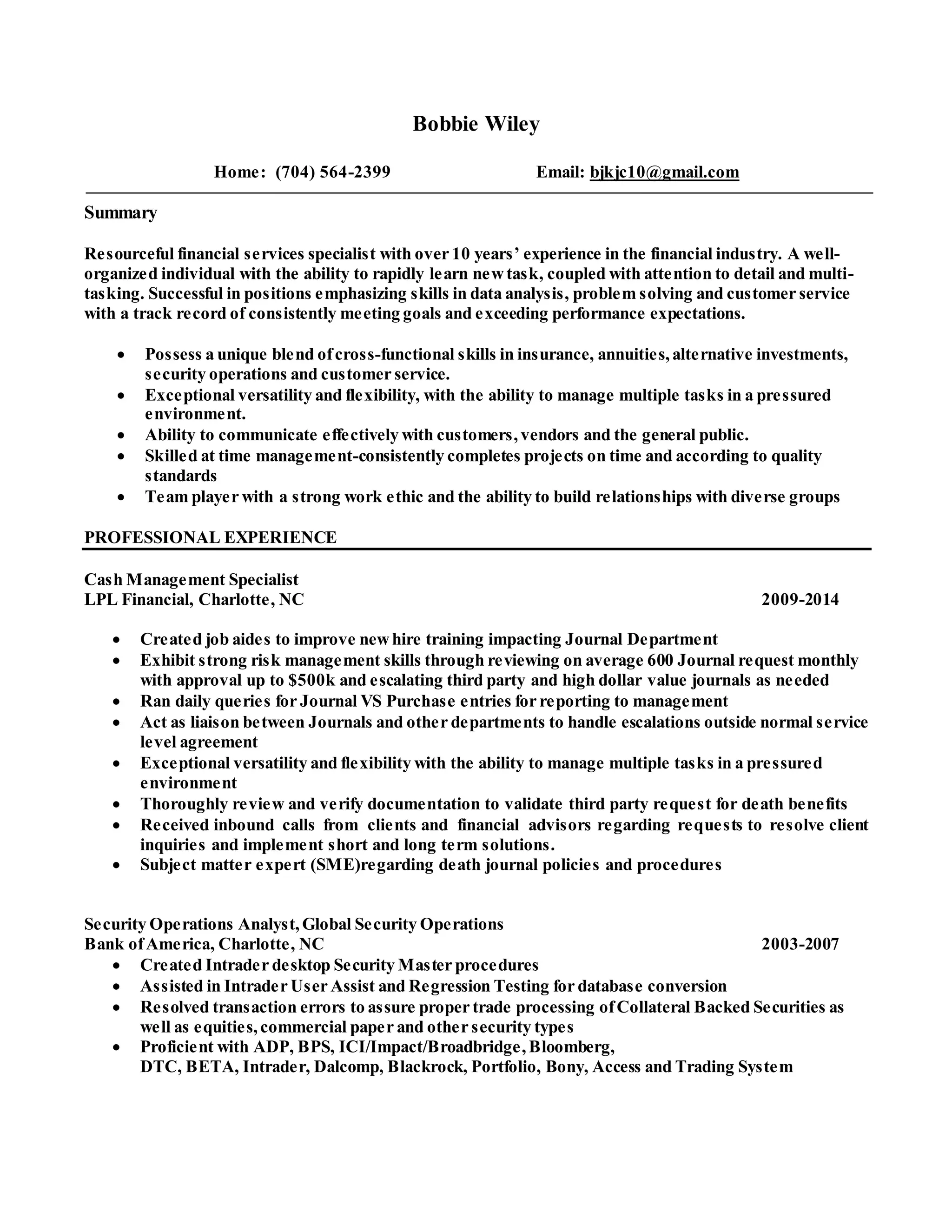 Bobbie Wiley 02 Analyst Resume | PDF