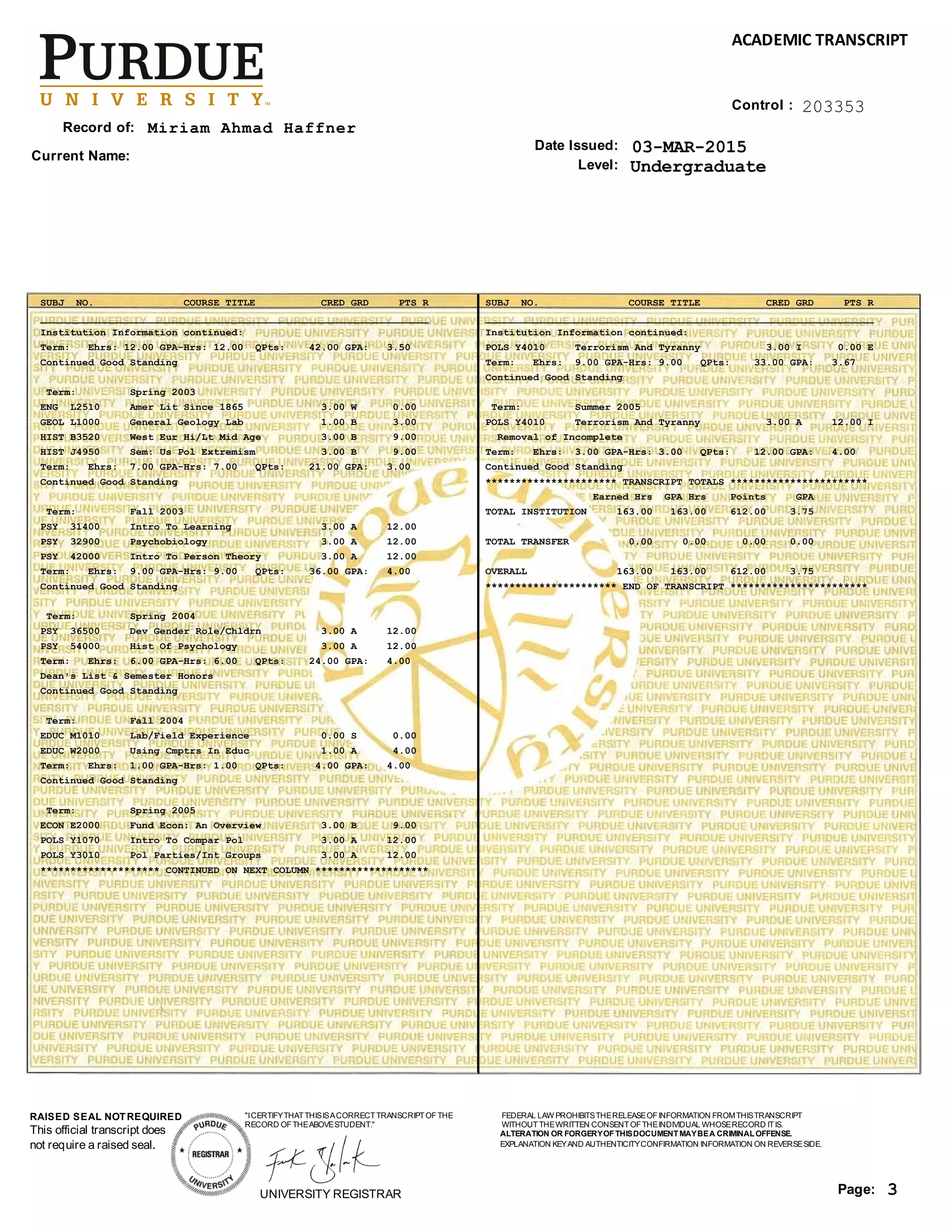 Purdue Transcript | PDF