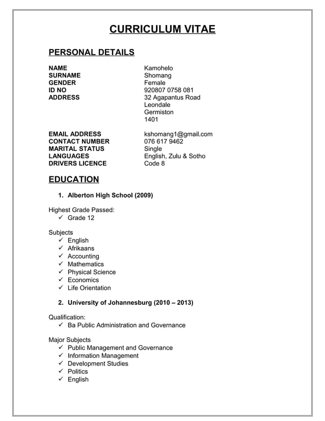 Curriculum_Vitae-Kamohelo Shomang | DOC | Business Banking & Finance ...