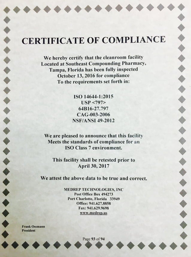 Certificate of USP 797 Compliance | PDF