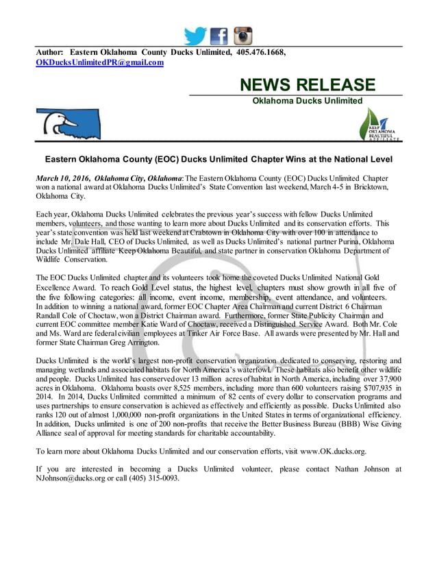 Press Release for EOC Ducks Unlimited 2016 | PDF