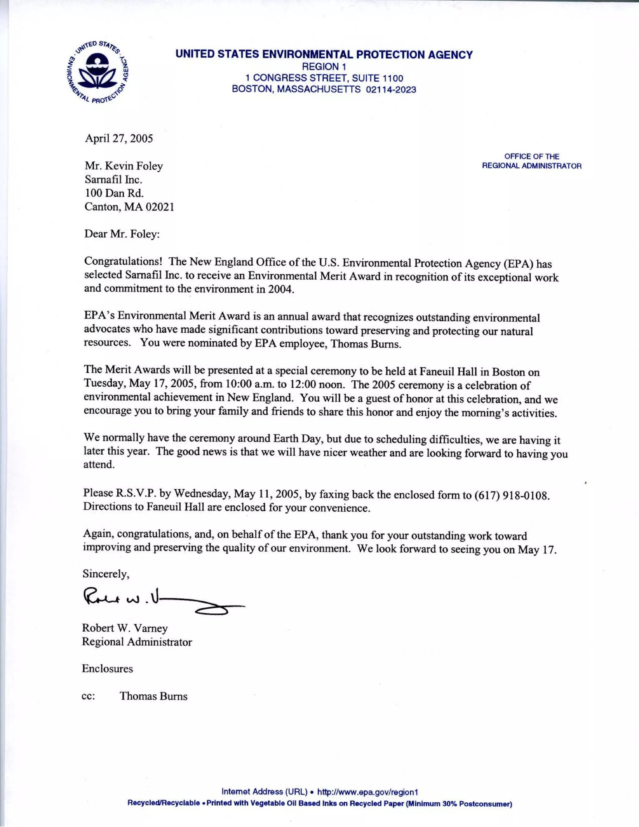 Coverletter from EPA Announcing Award 2005 | PDF