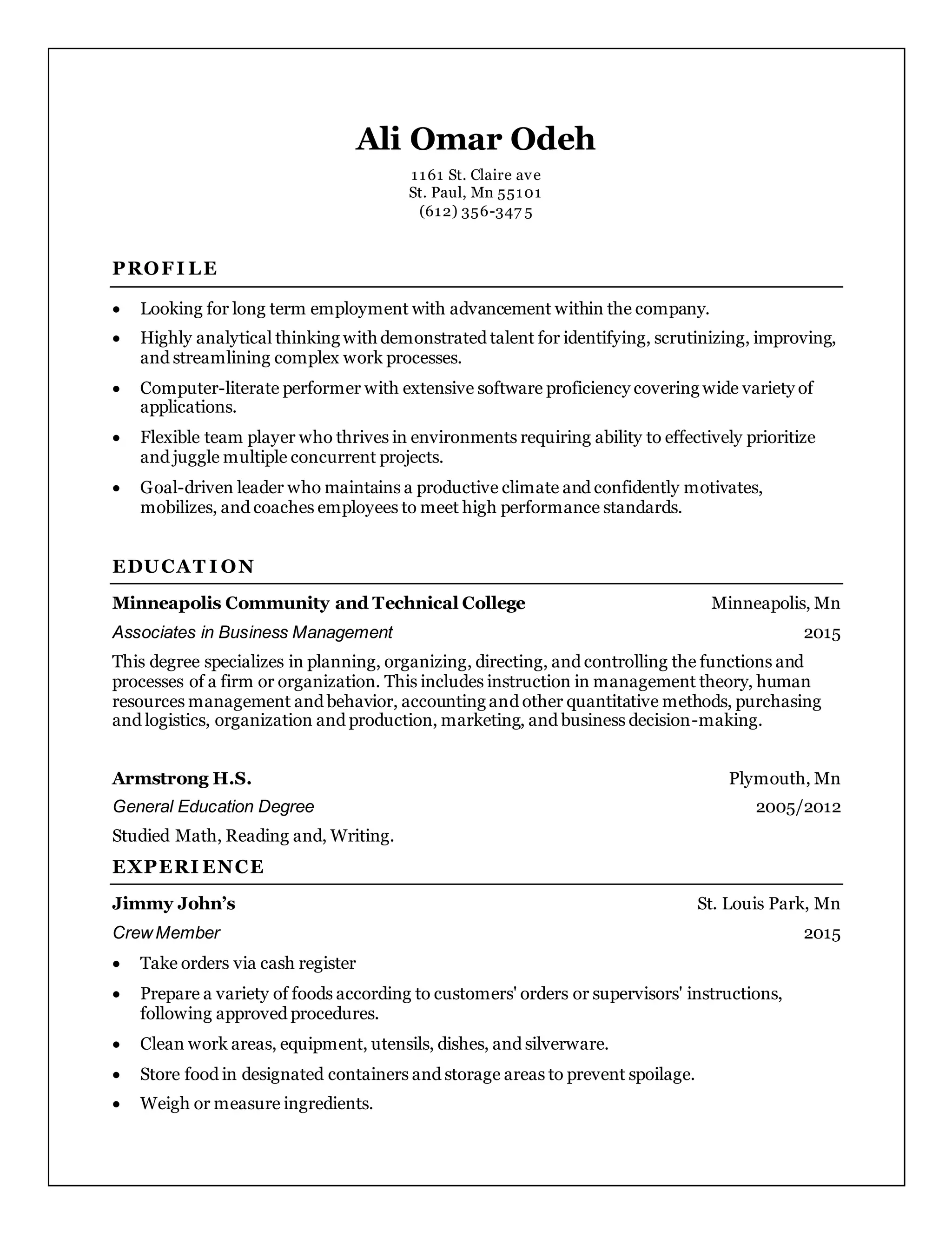 Ali's Resume' | DOCX | Business | Business and Finance