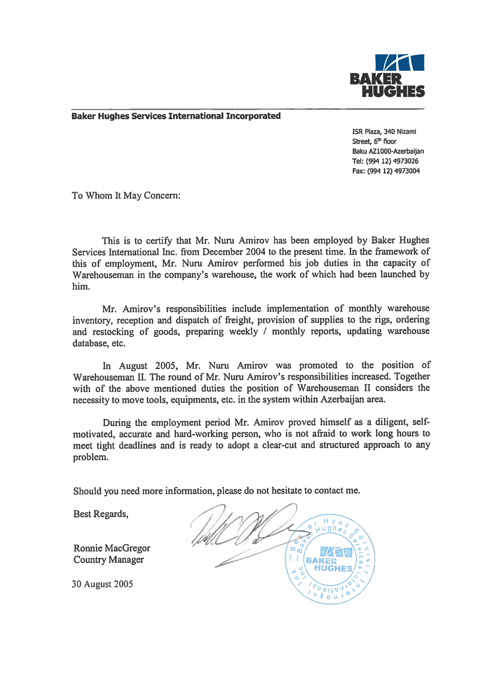 Reference letter M. Ronnie (Baker Hughes) | PDF