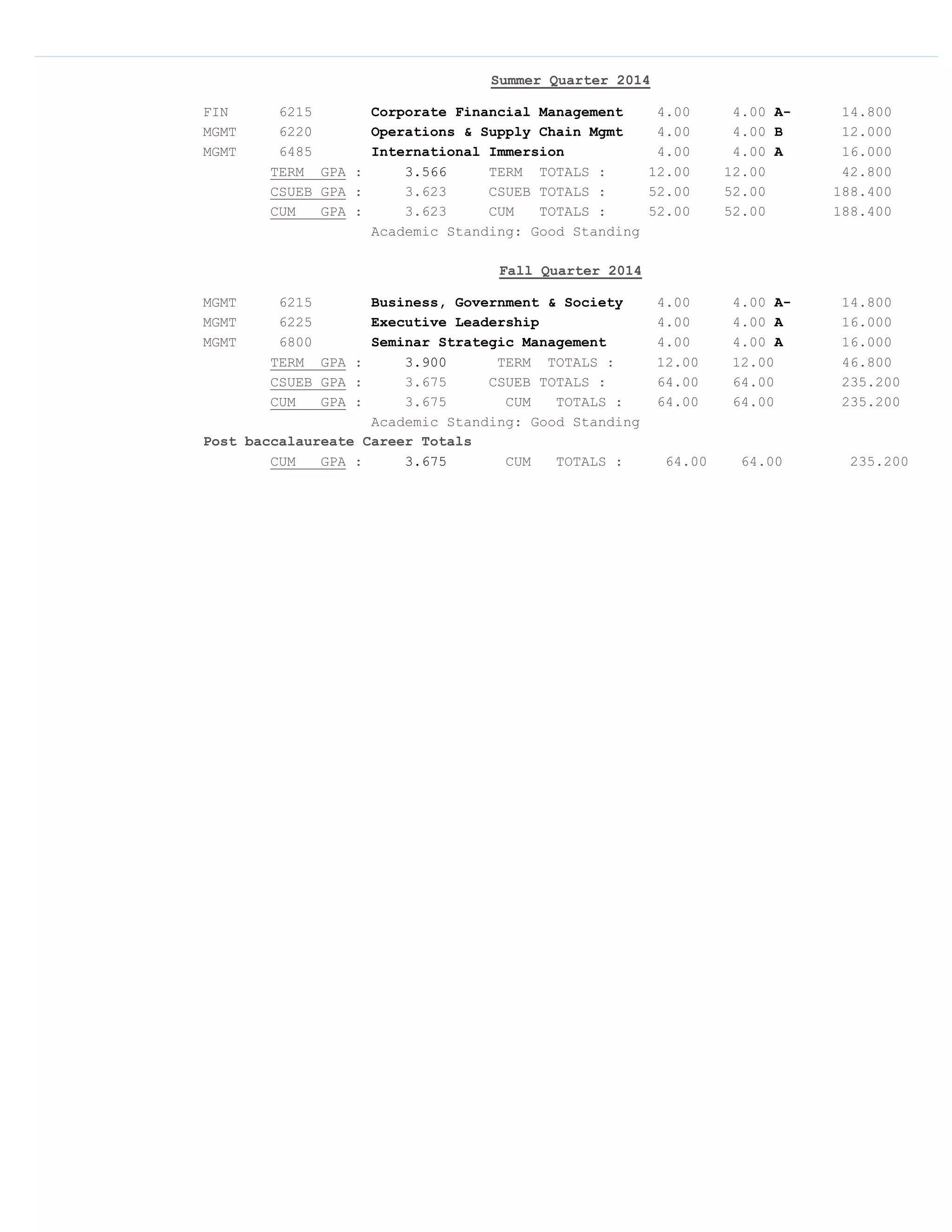 Student Transcript. CSUEB. Domino.Kelley MBA | PDF