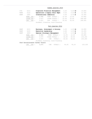 Student Transcript. CSUEB. Domino.Kelley MBA | PDF