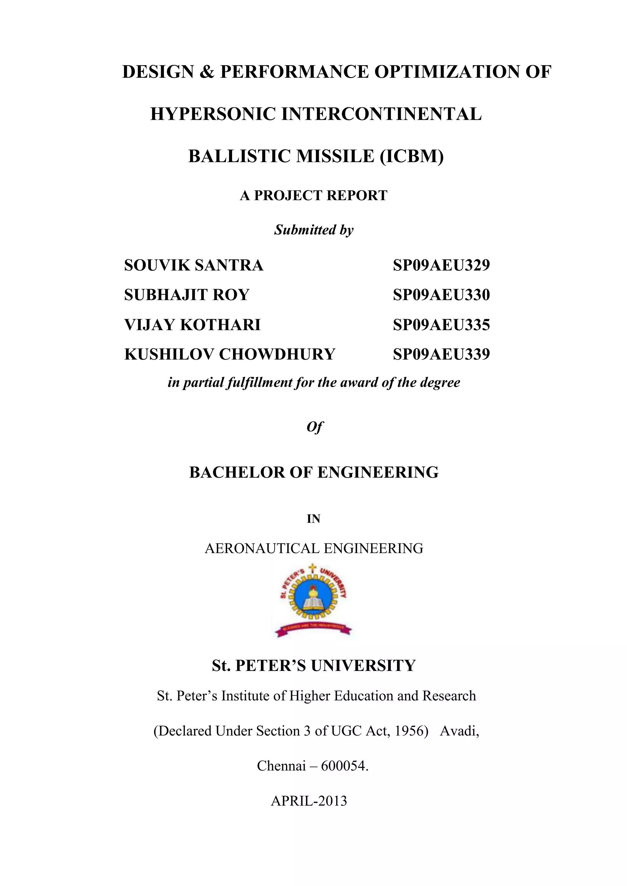 Design And Performance Optmization Of Hypersonic I Nter Continental