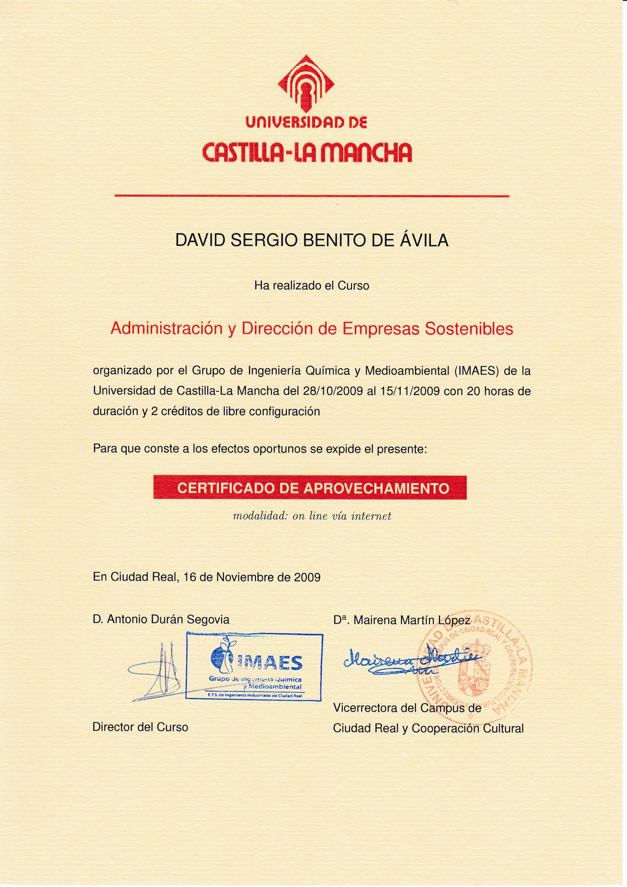 certificado UCLM - Administración y Dirección de Empresas Sostenibles | PDF