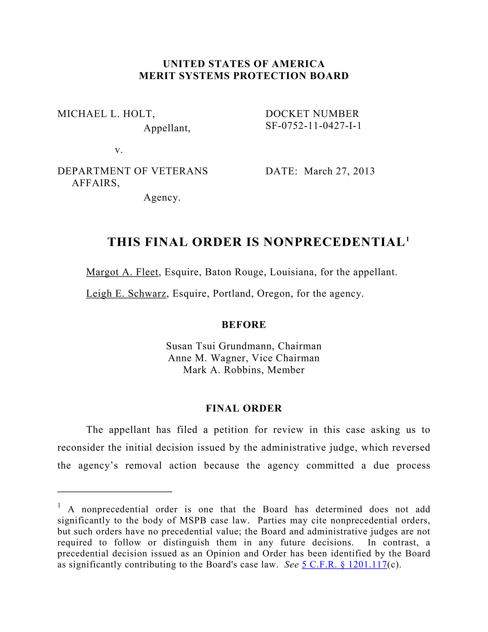 Merit Systems Protection Board Docket Number SF-0752-11-0427-I-1 | PDF