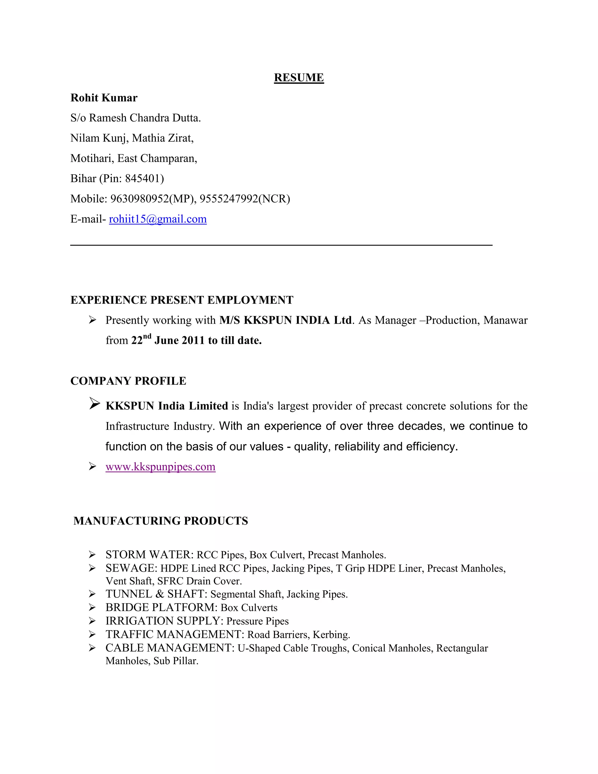 RESUME of Mr. Rohit Kumar | PDF RESUME of Mr. Rohit Kumar | PDF
