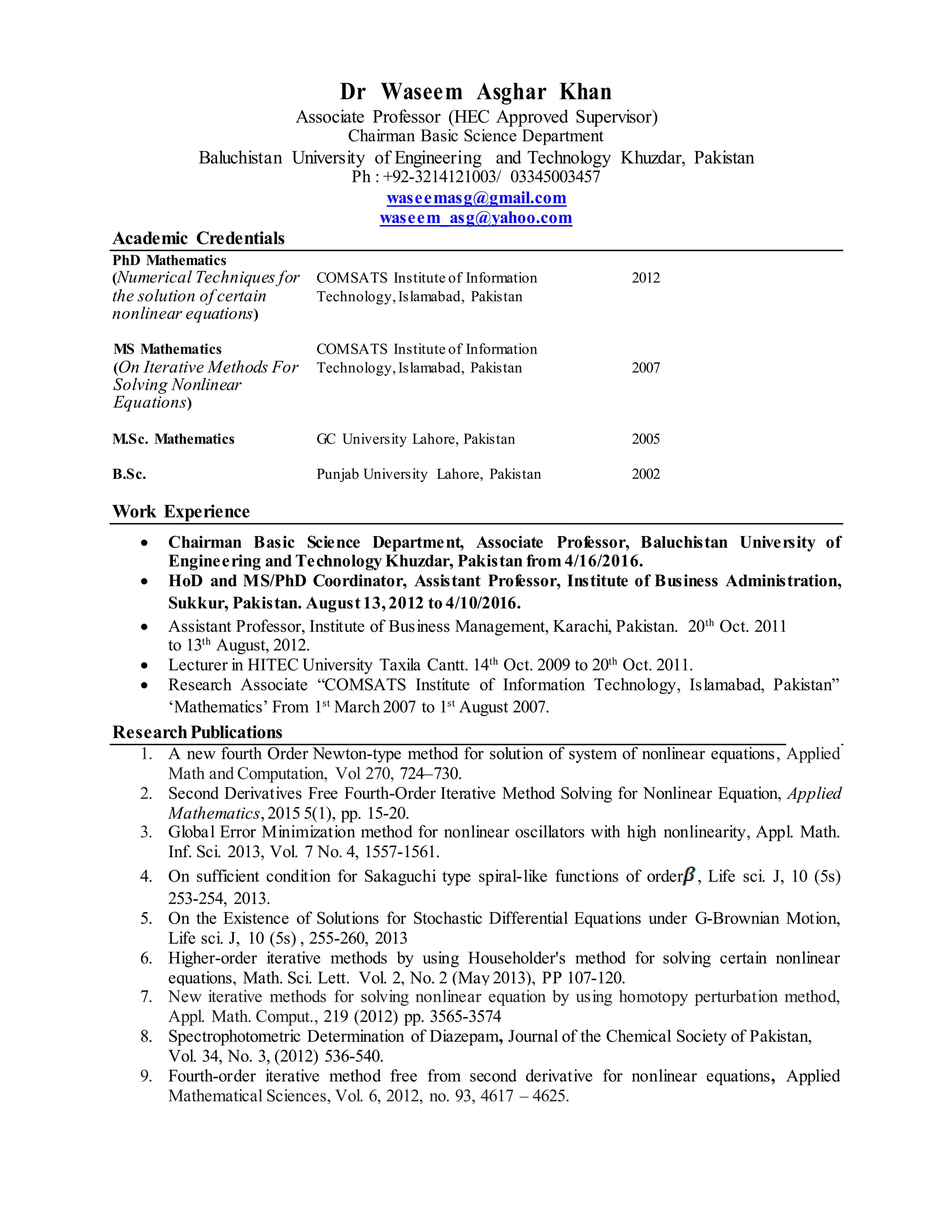 Dr Waseem Asghar CV | DOCX | Physics | Science