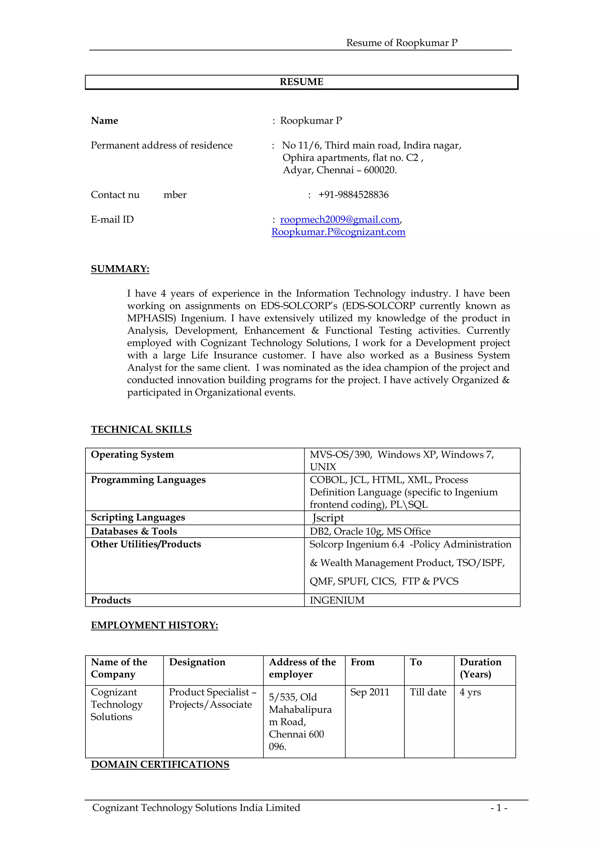 Resume Roopkumar P | PDF
