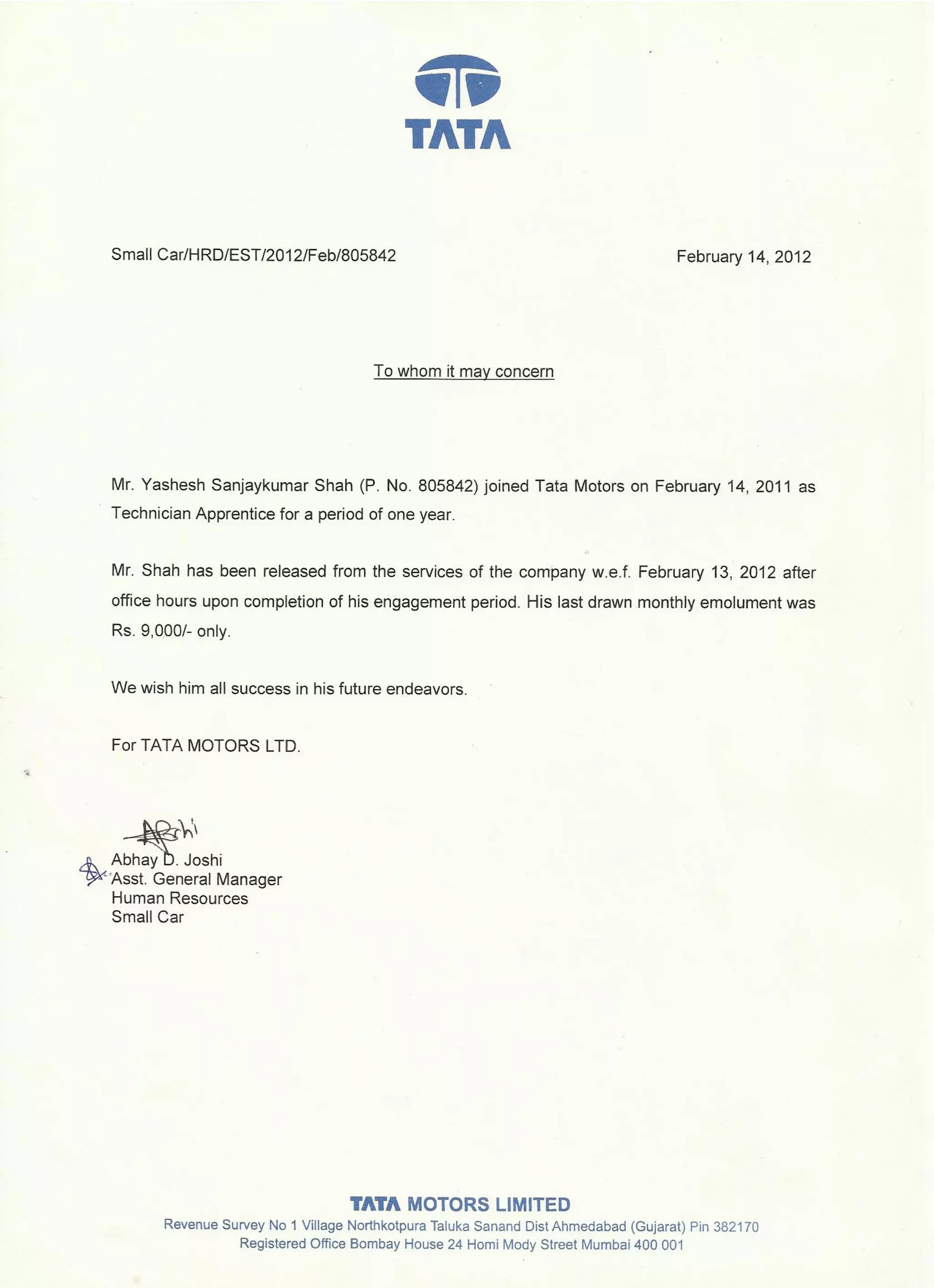 TATA Motors 1st year Experiance Certificate | PDF