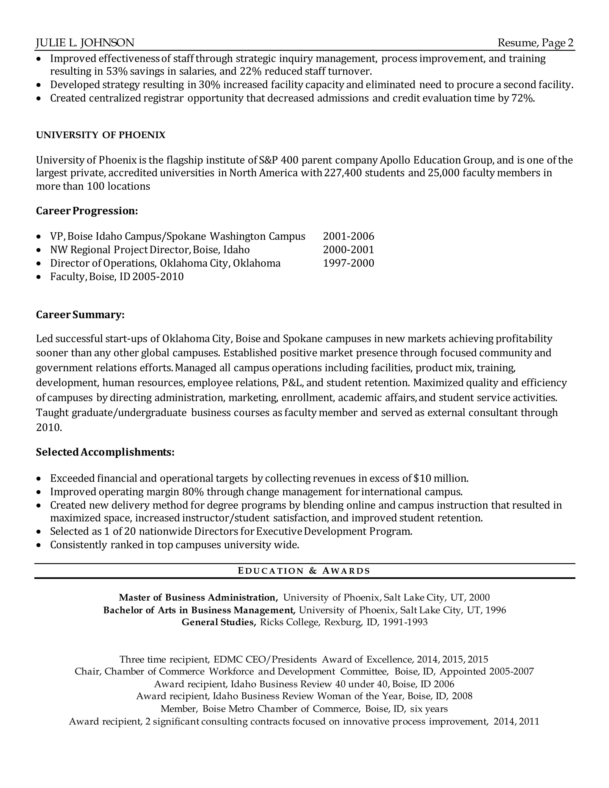 Julie Johnson Resume_Oct2016 | DOCX | Business Administration | Business
