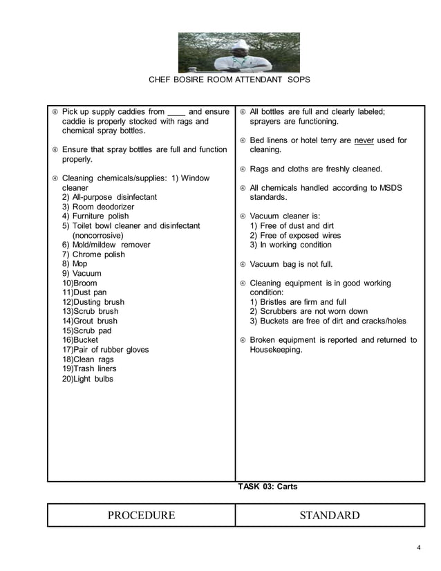 Housekeeping - Room Attendant SOP(3) | DOCX | Bath and Shower ...