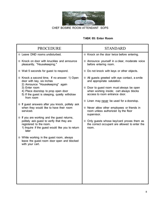 Housekeeping - Room Attendant SOP(3) | DOCX | Bath and Shower ...