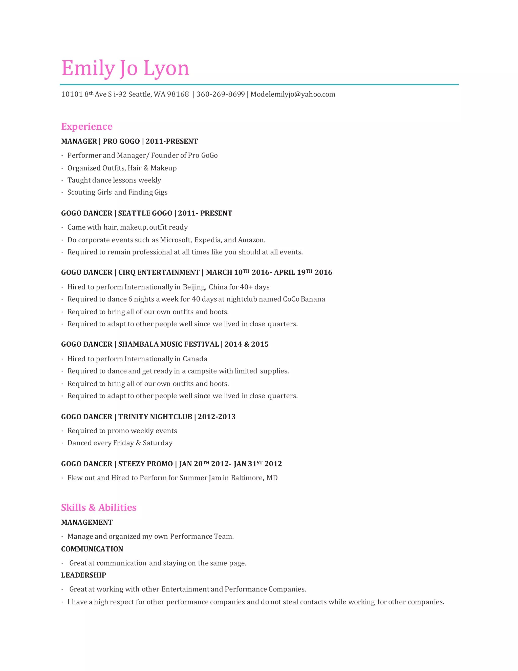 Emily Jo Lyon- performance resume | PDF