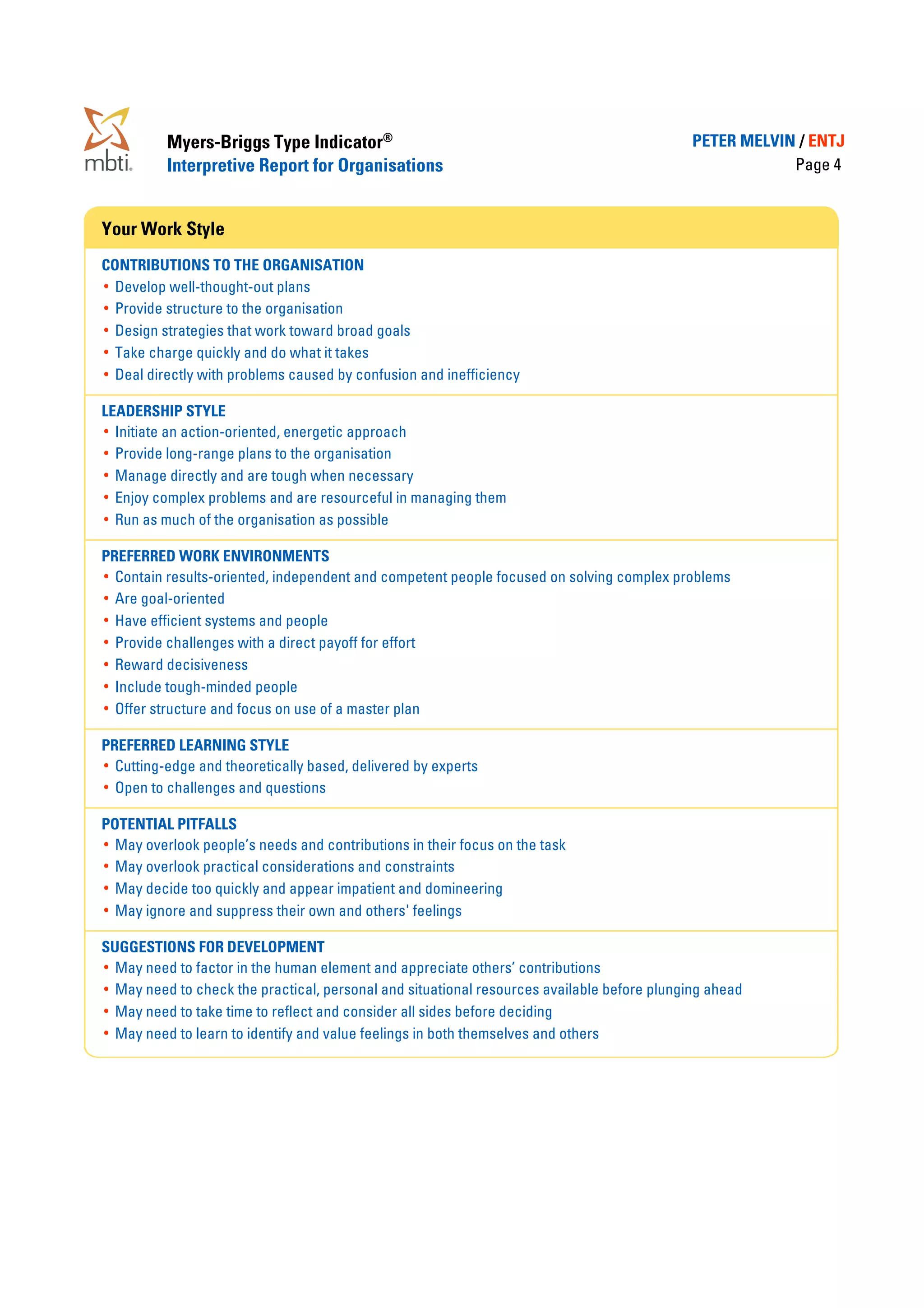 6. MBTI Interpretive Leadership Profile - Peter Melvin Mbti | PDF ...