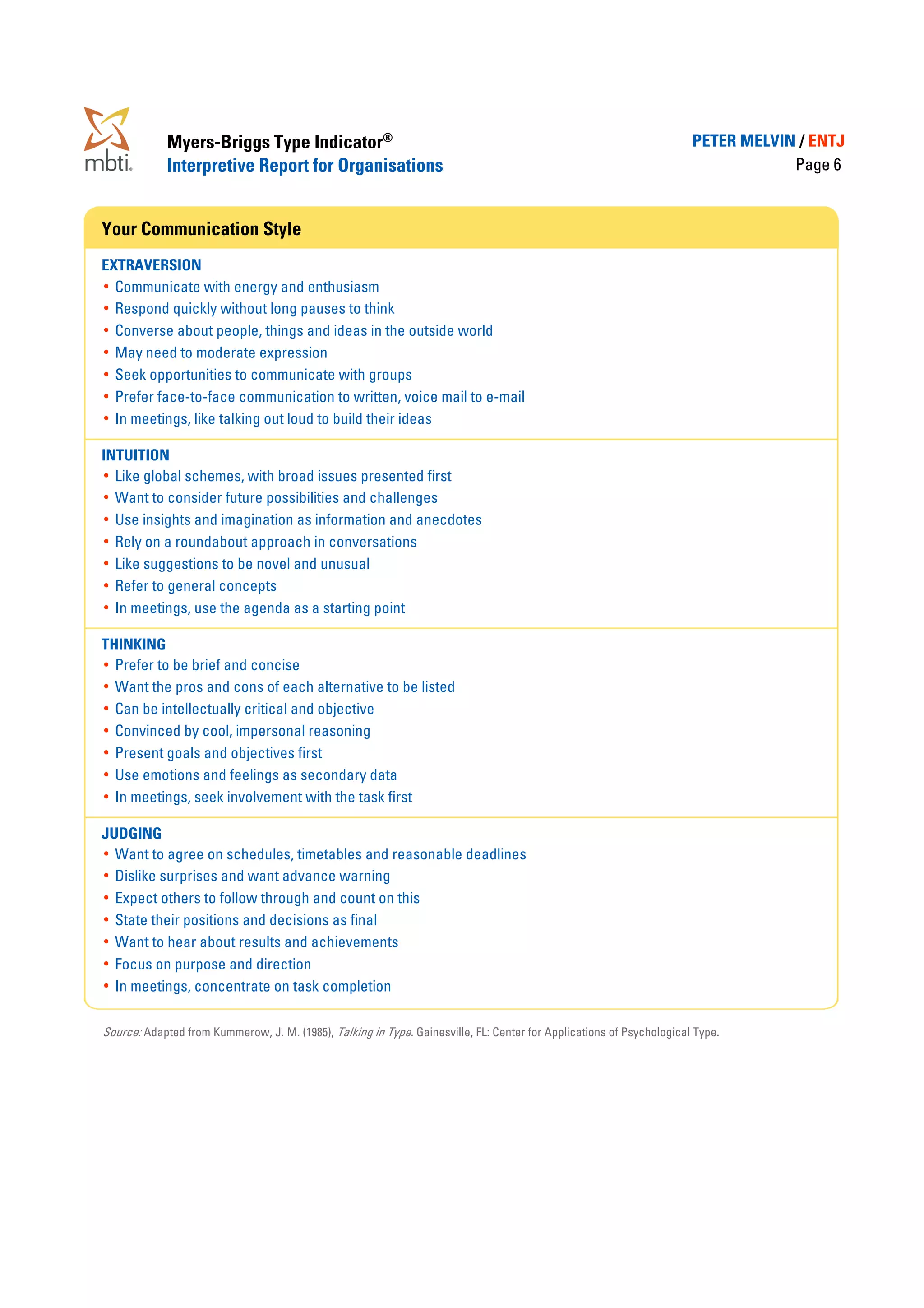 6. MBTI Interpretive Leadership Profile - Peter Melvin Mbti | PDF ...