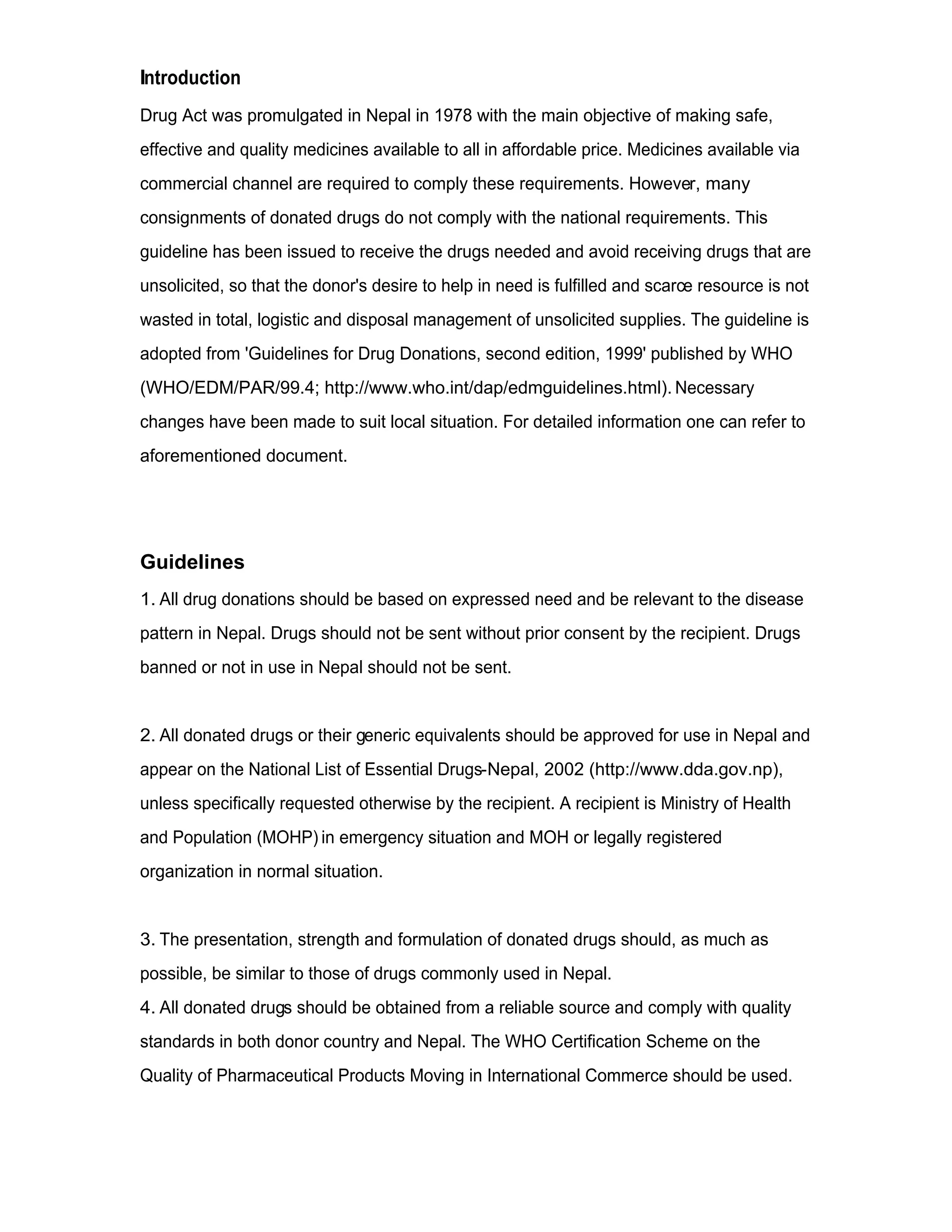 Guidelines for Drug Donation to Nepal (DDA) | PDF