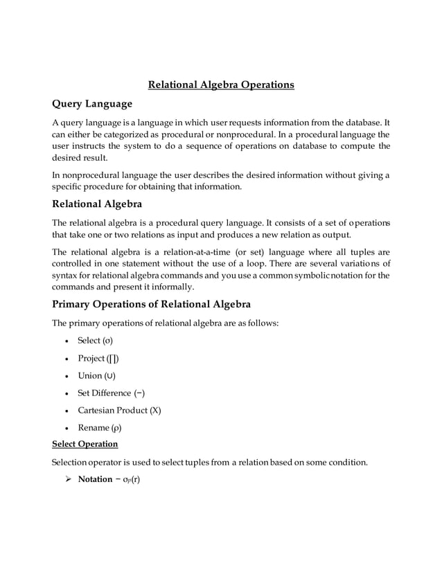 Relational Algebra Operations | PDF