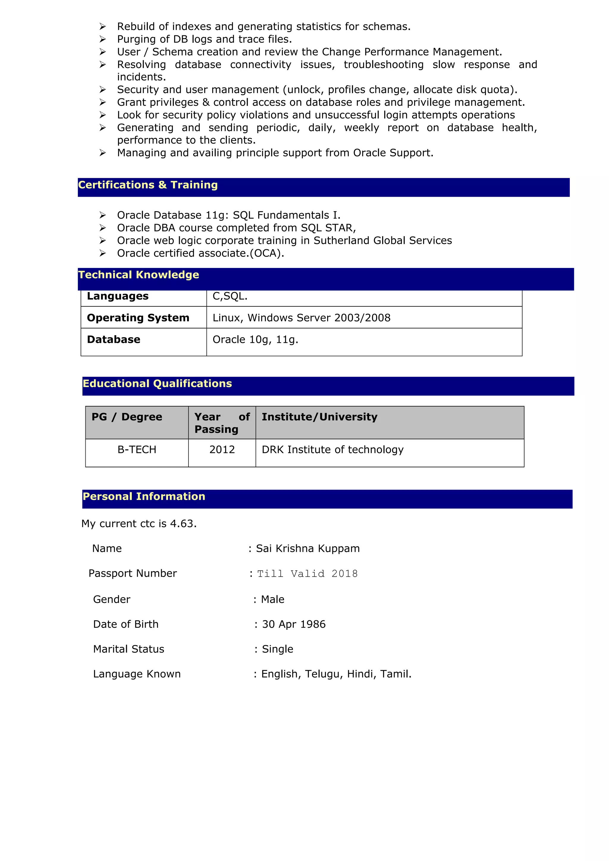 DBA_Kuppam_Saikrishna_B-Tech (1) | DOC | Databases | Computer Software and Applications