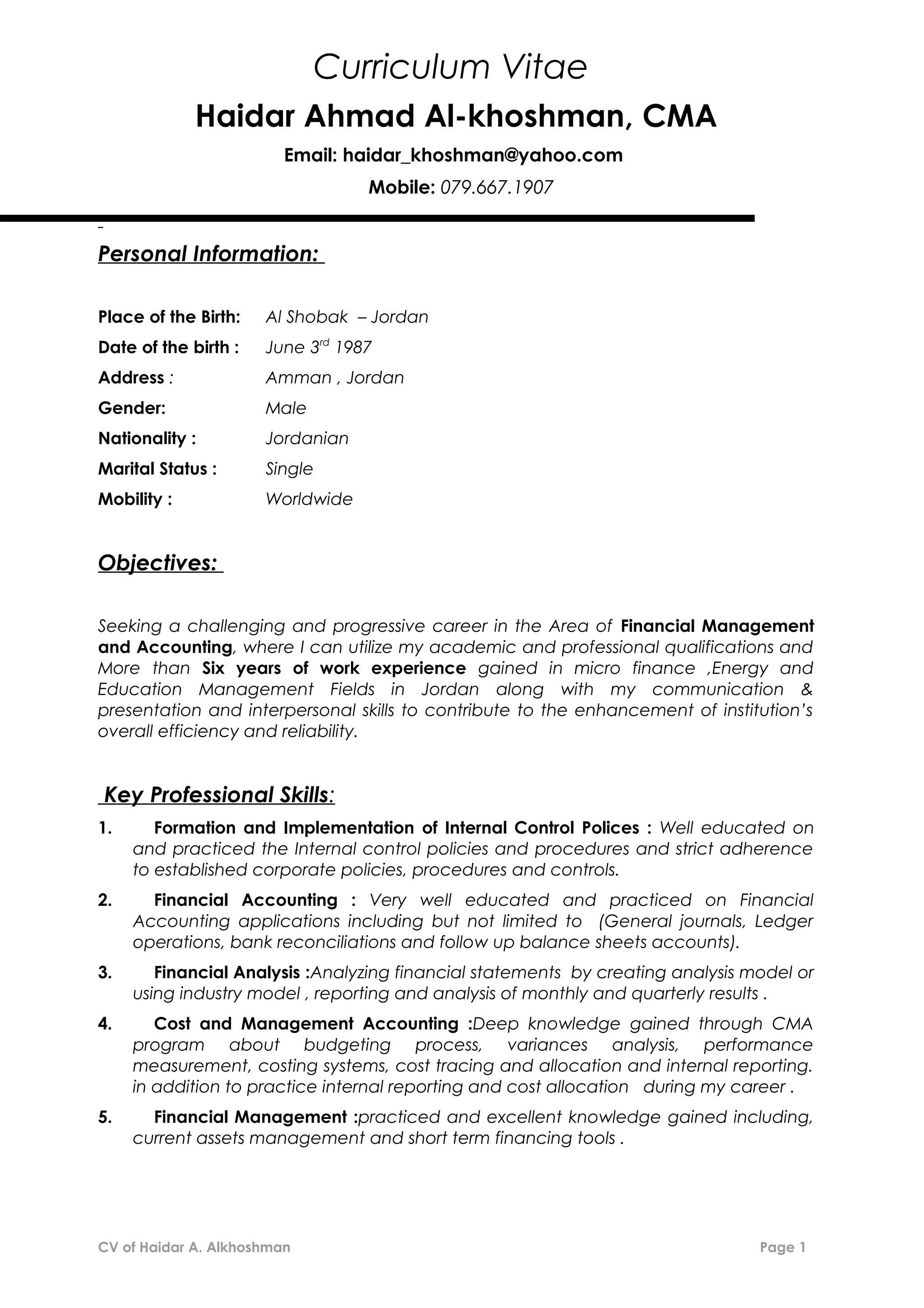CV of Haidar Al Khoshman | DOC | Business Accounting & Finance | Business