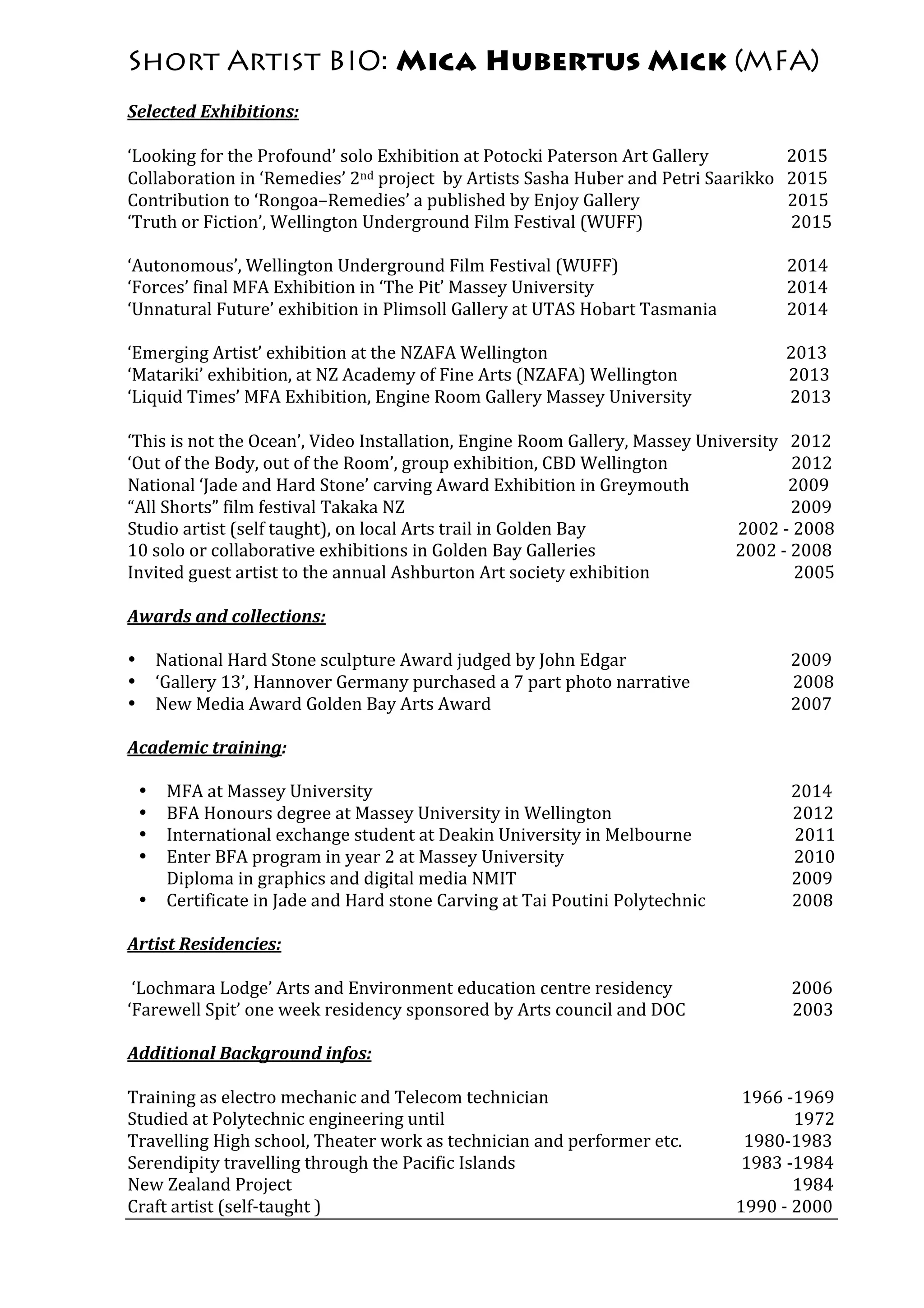 MHM Short Artist BIO 2015 | PDF