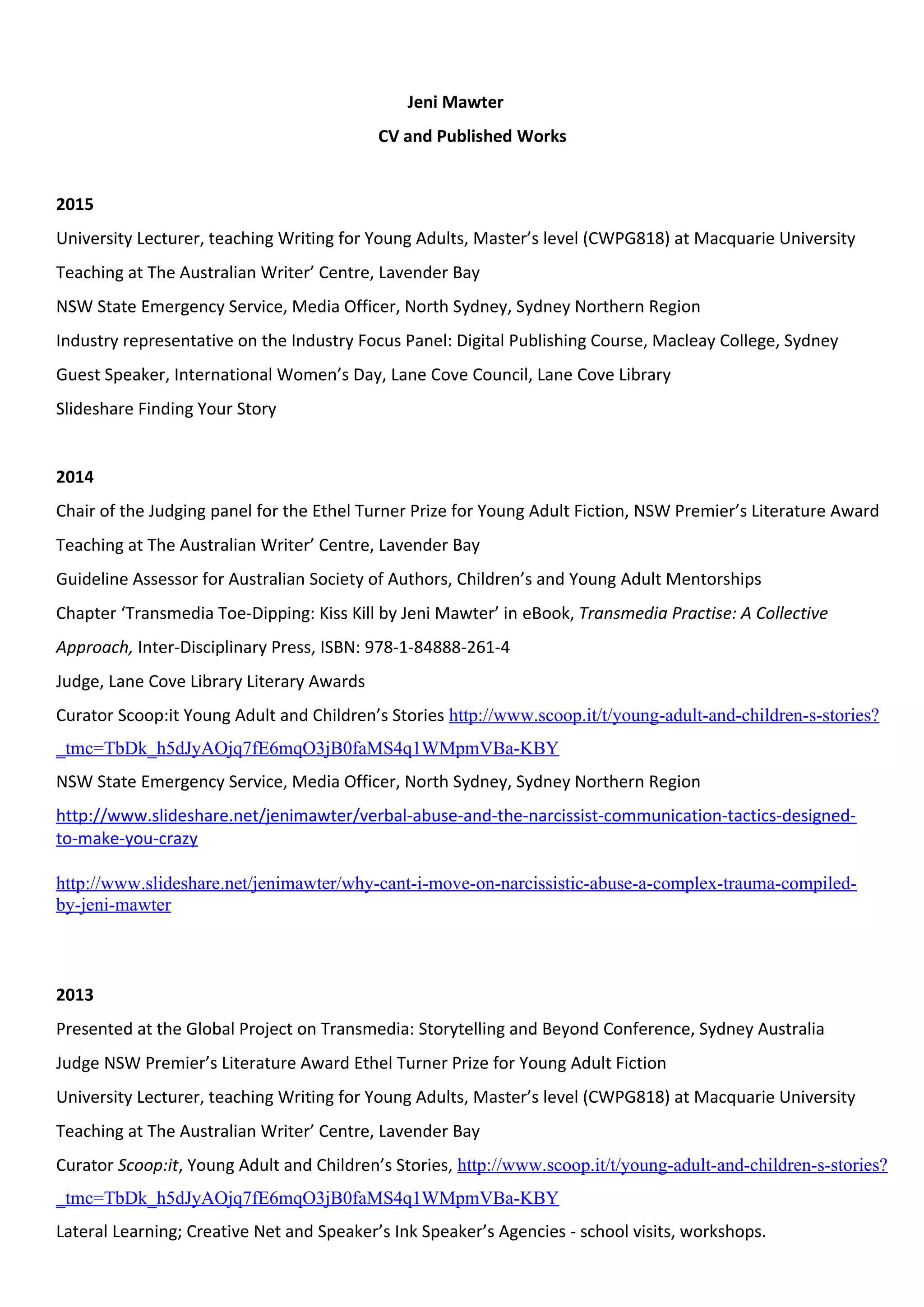 Jeni Mawter CV and Published Works 2015 | DOC